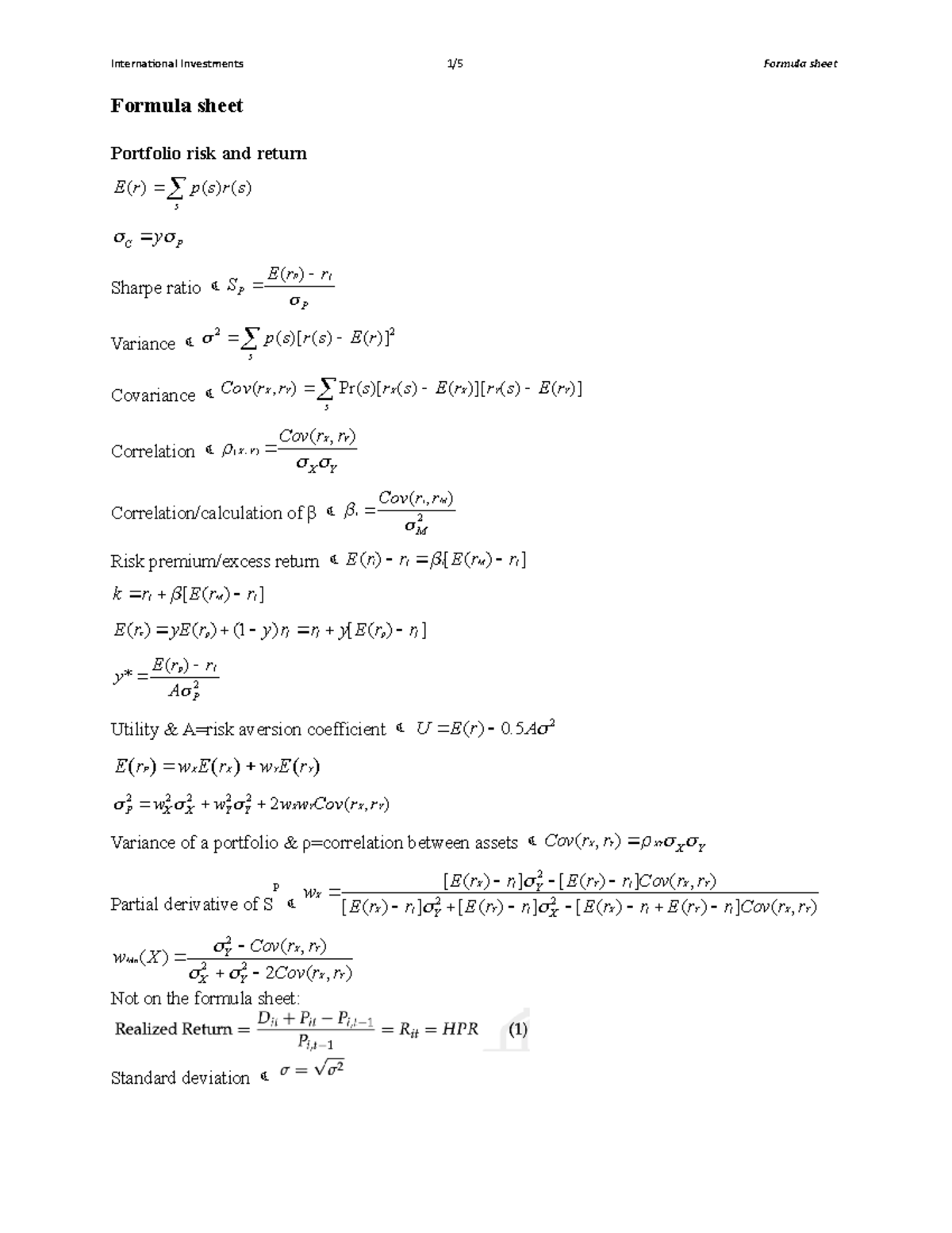 Investment Management Formula Sheet new 21/22 - Formula sheet Portfolio ...
