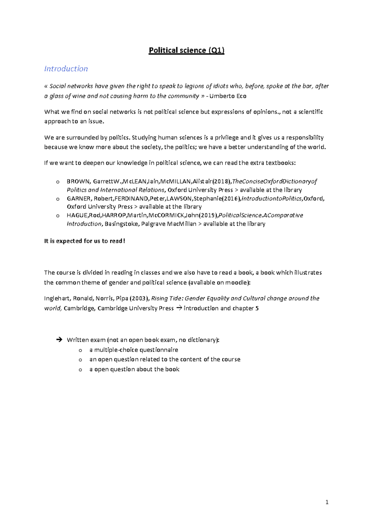 Notes de political science - Political science (Q1) Introduction ...