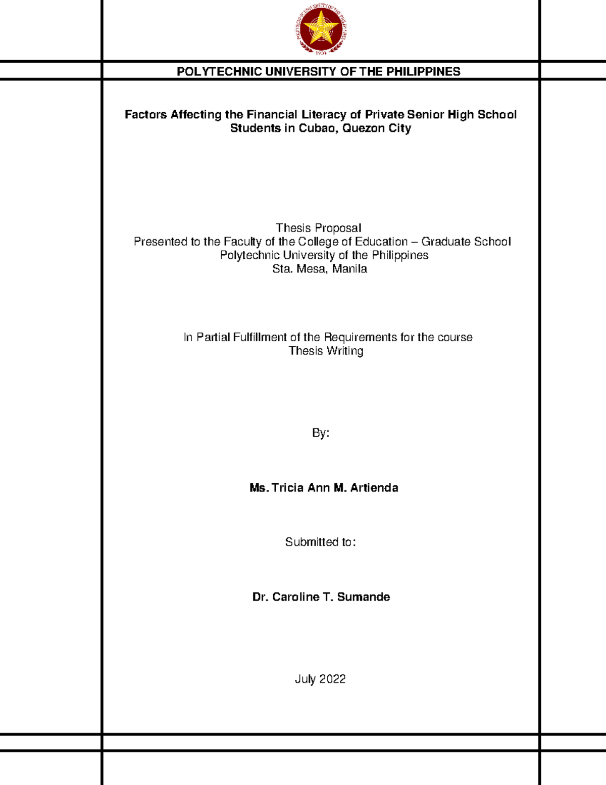Artienda, Tricia Ann M. MBE Thesis Proposal - Factors Affecting the ...