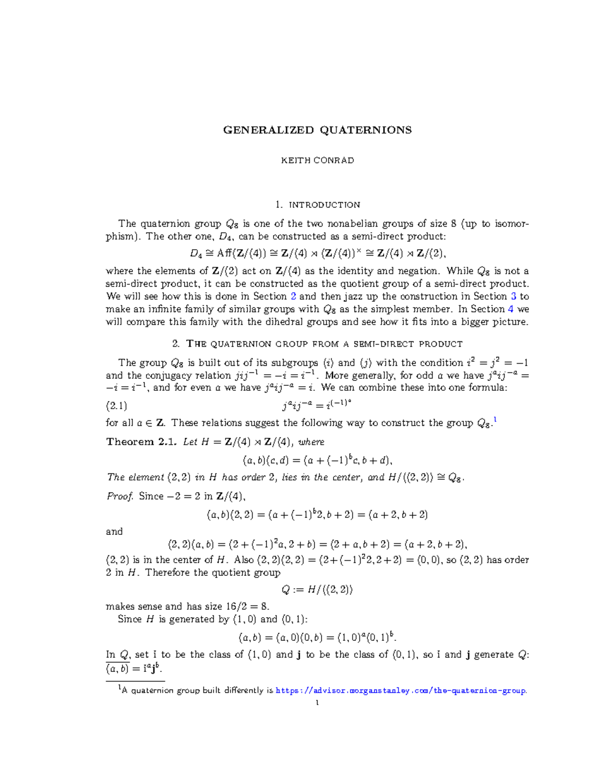 Genquat - NOTES FOR COURSE - GENERALIZED QUATERNIONS KEITH CONRAD ...
