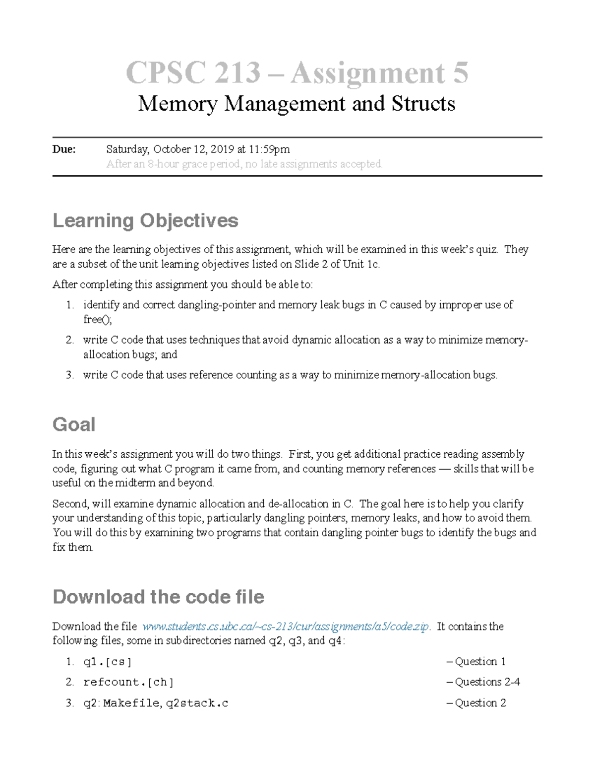 A5 - homework 5 - CPSC 213 – Assignment 5 Memory Management and Structs Due: Saturday, October ...