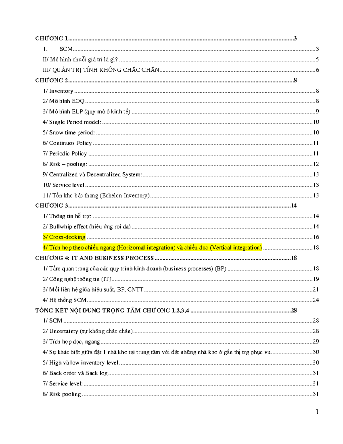 SCM CK-1 - Quản Trị chuỗi cung ứng toàn cầu - CHƯƠNG - Studocu