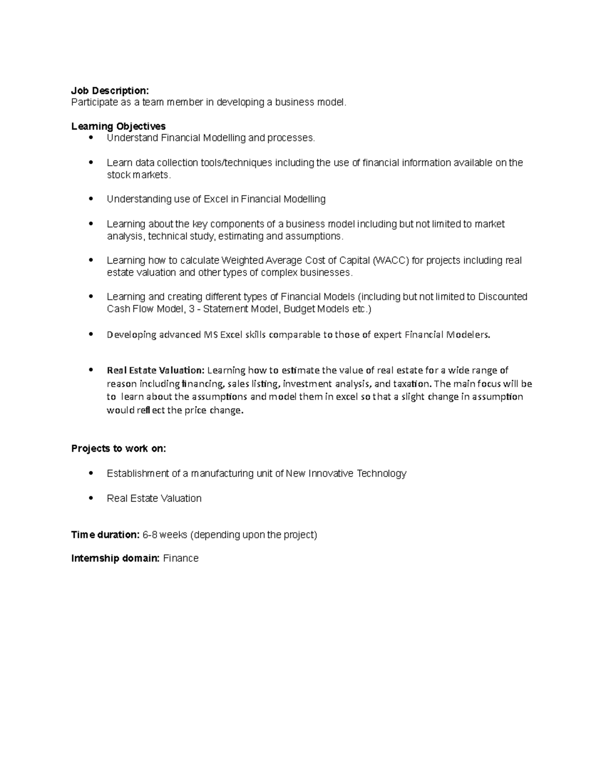 Finance Internship - Job Description: Participate as a team member in ...