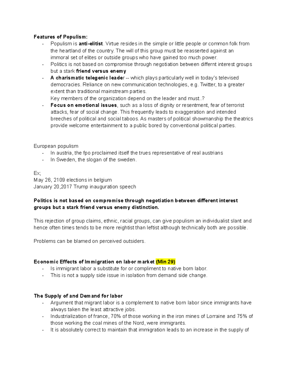 ECO316 6 6 - Lecture notes 6/6/19 - Features of Populism: - Populism is ...