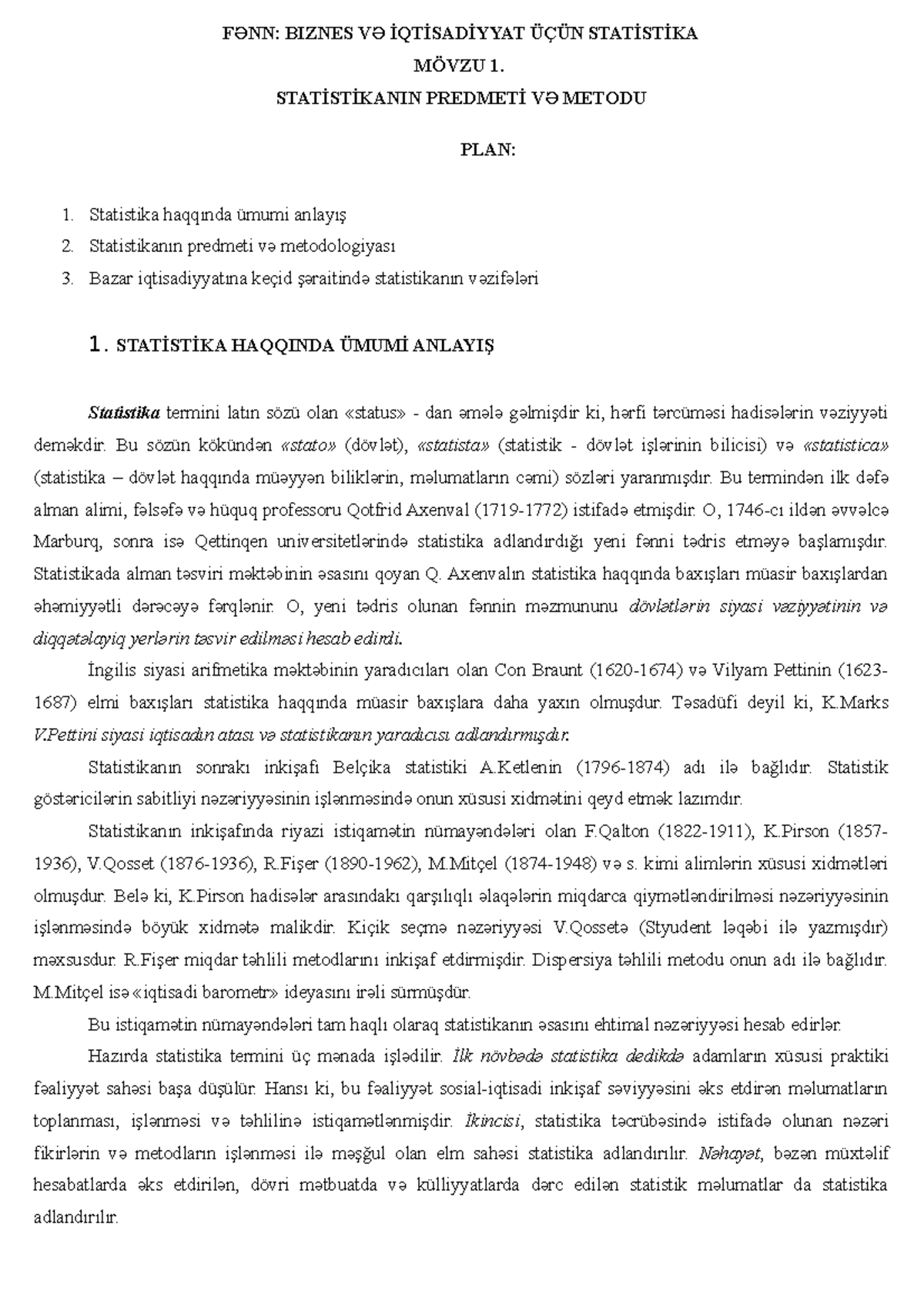 UNEC 1634282948 - Lecture Notes for statistics - FƏNN: BIZNES VƏ ...