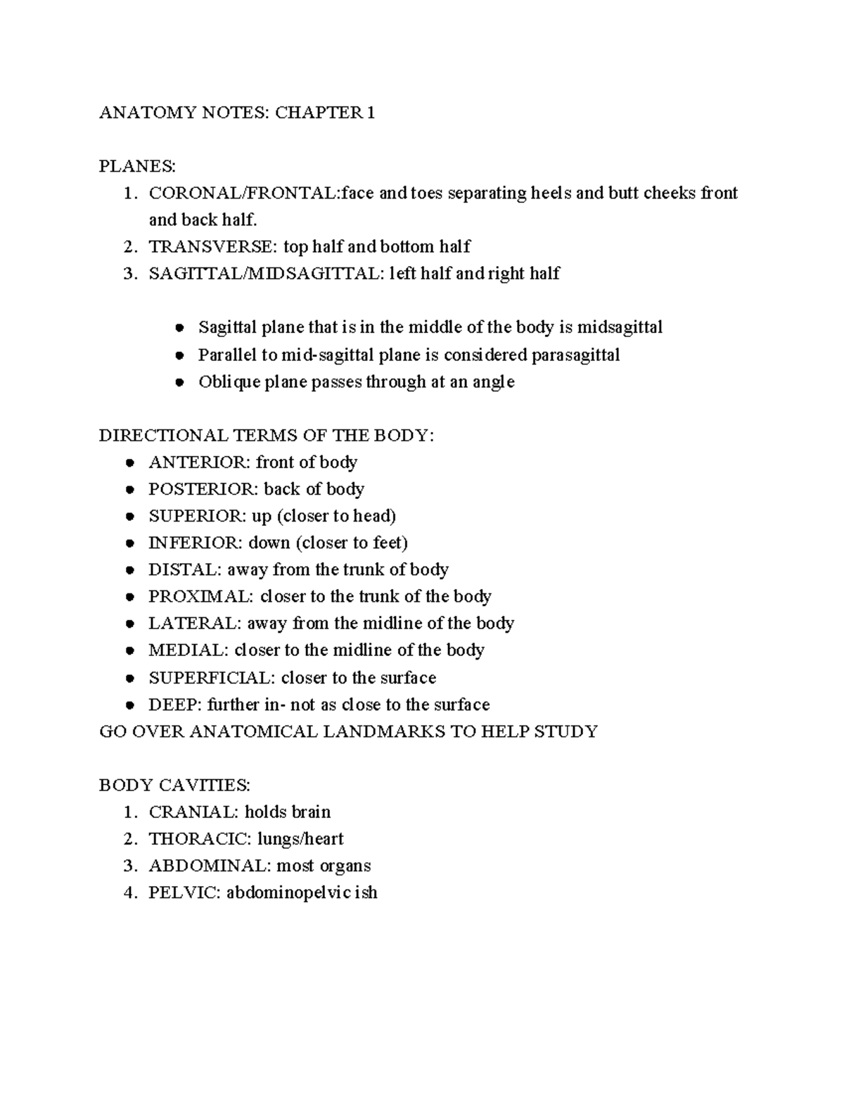 Anatomy Notes Chapter 1 - ANATOMY NOTES: CHAPTER 1 PLANES: 1. CORONAL ...