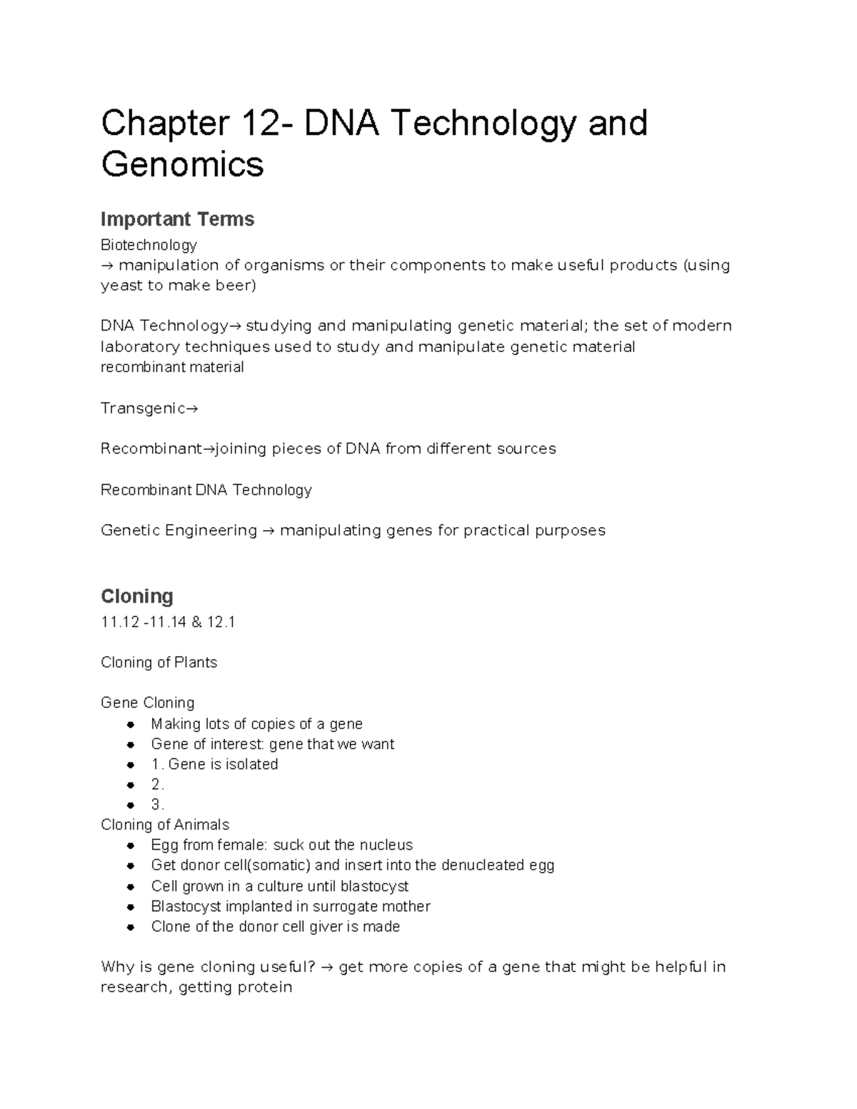Chapter 12 Lecture + Textbook Notes - Chapter 12- DNA Technology and ...