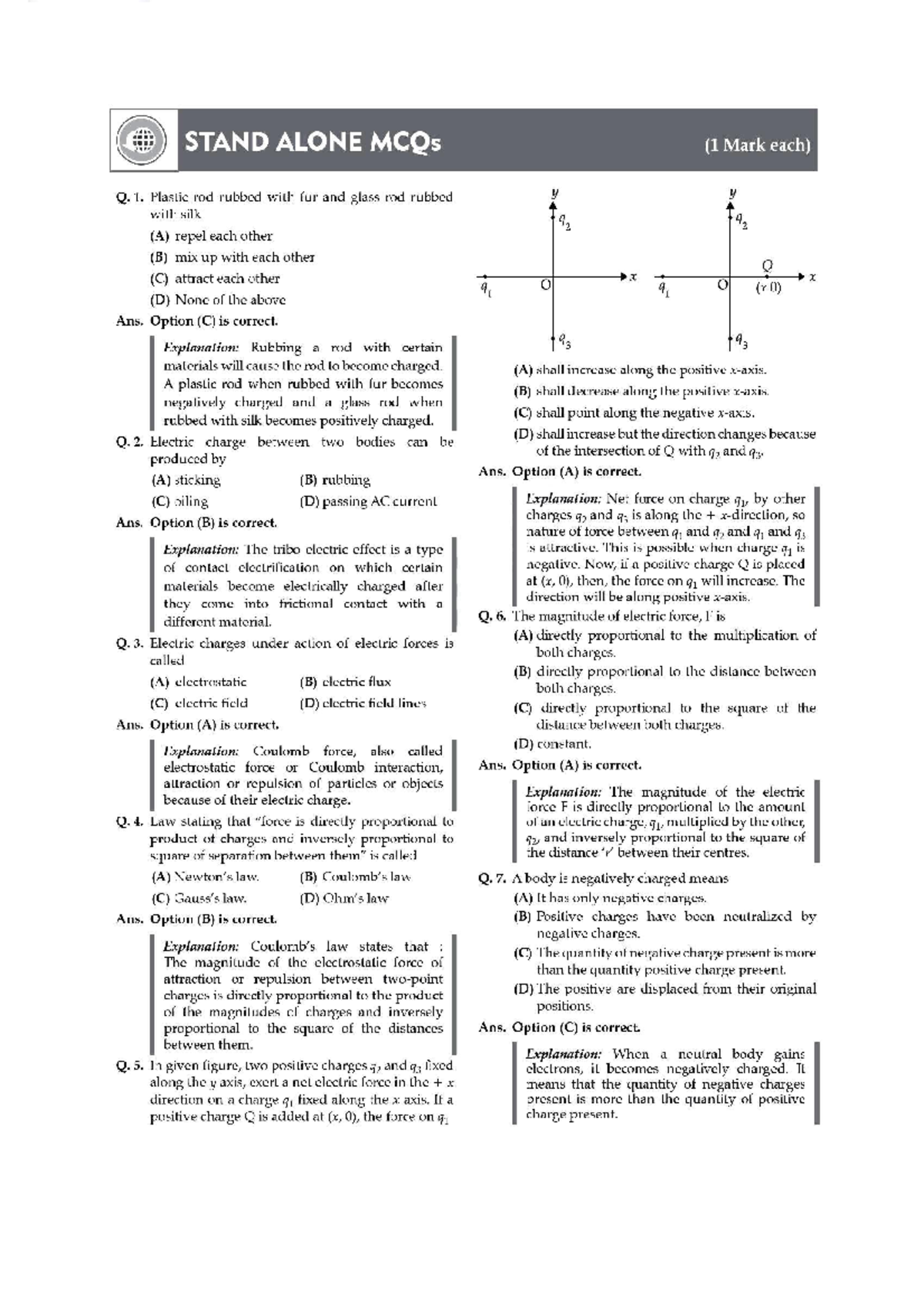 Electric field and charge practice paper - STAND ALONE MCQs (1 Mark ...