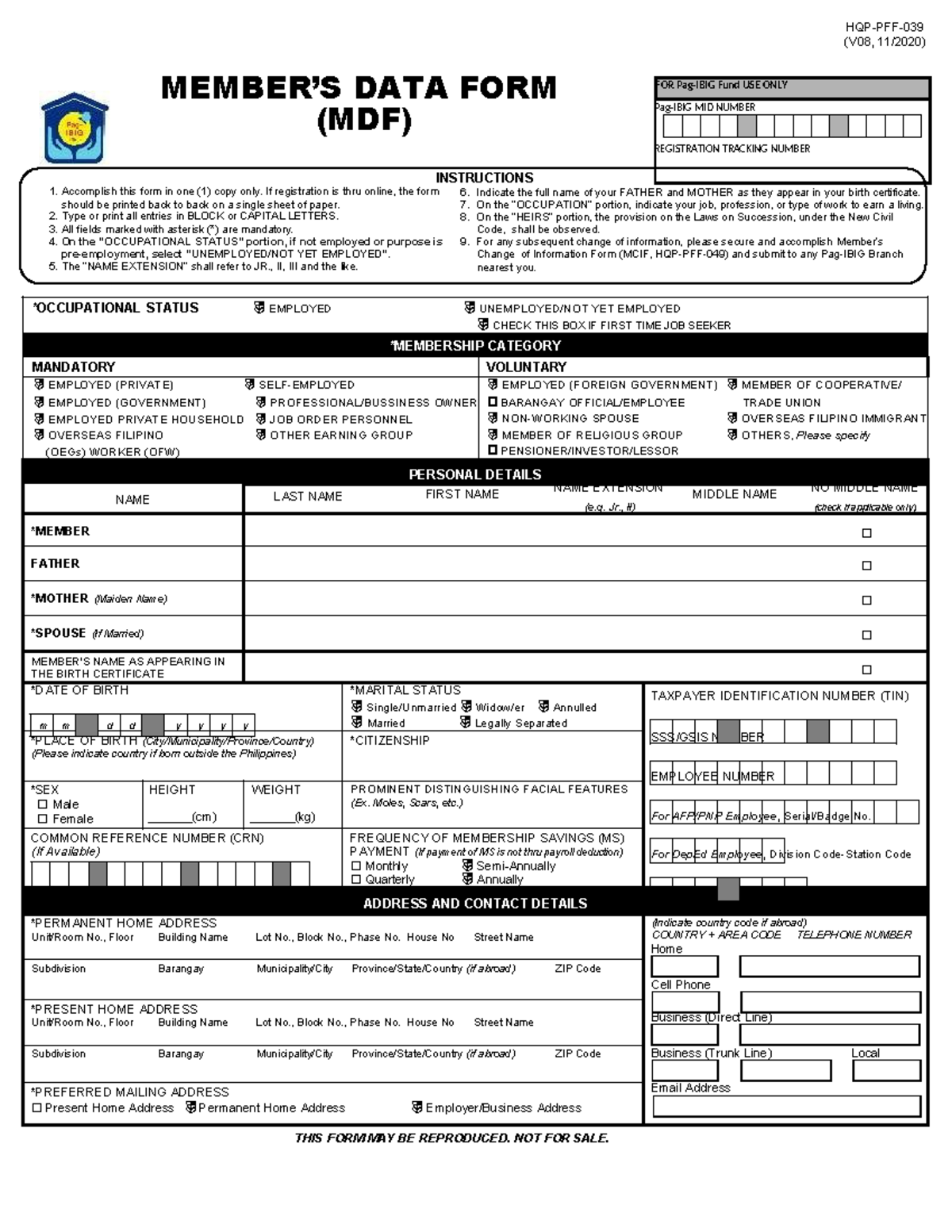 MDF - HQP-PFF- (V08, 11/2020) MEMBER’S DATA FORM (MDF) INSTRUCTIONS 1 ...