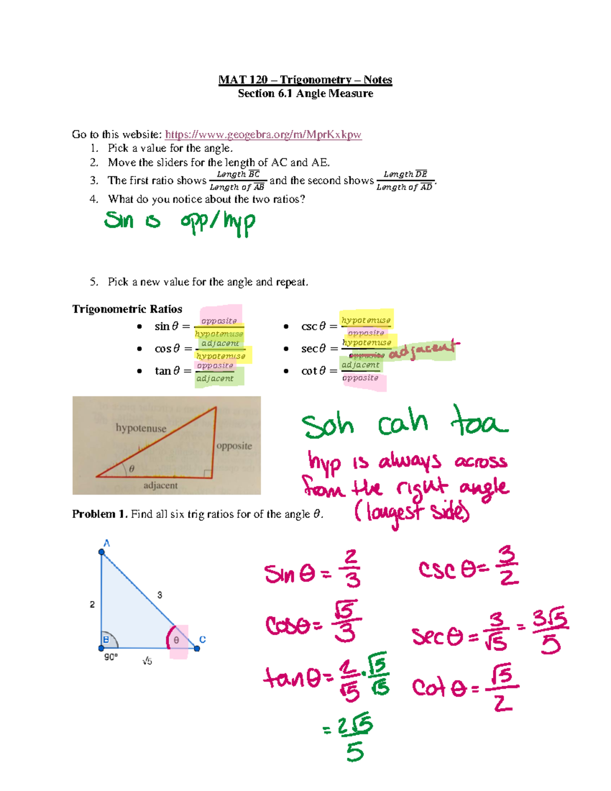 MAT 120 - Notes - 6.1-6.2 - key - MAT 120 – Trigonometry – Notes ...