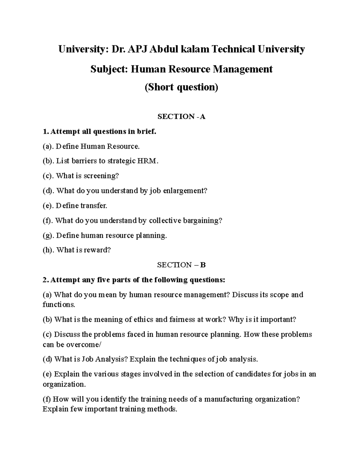 Human resourse management sample paper - University: Dr. APJ Abdul ...