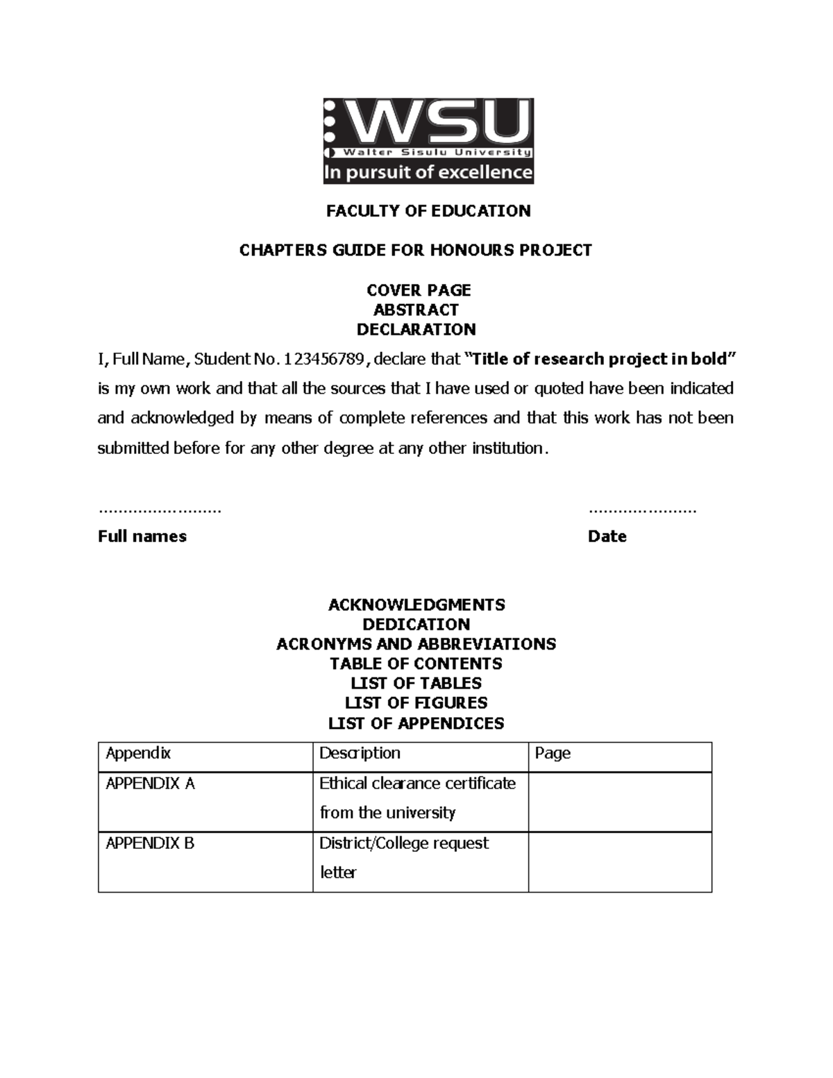 Chapters Guide for Hons Project - FACULTY OF EDUCATION CHAPTERS GUIDE ...