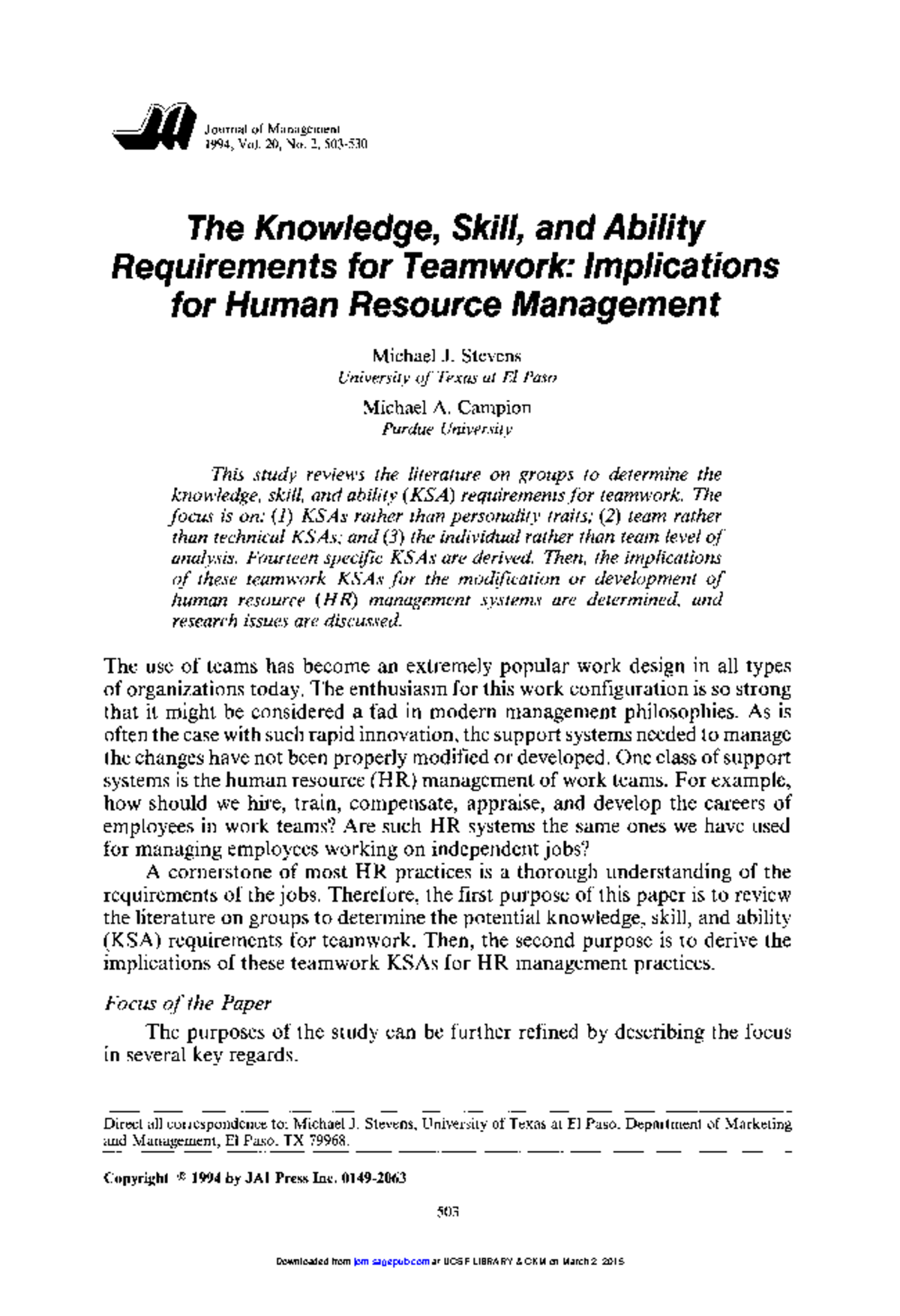 The Knowledge Skill and Ability Requirements for Teamwork Implications ...
