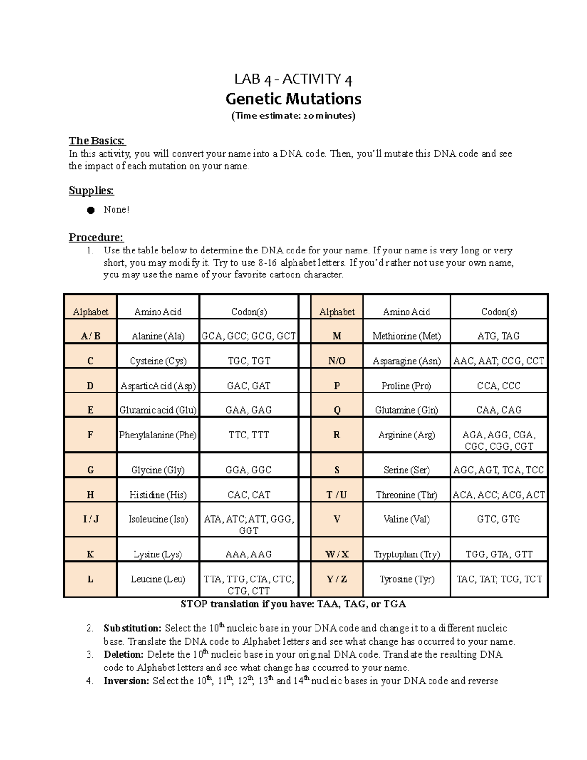 Lab4activity 4 geneticmutations - LAB 4 - ACTIVITY 4 Genetic Mutations ...