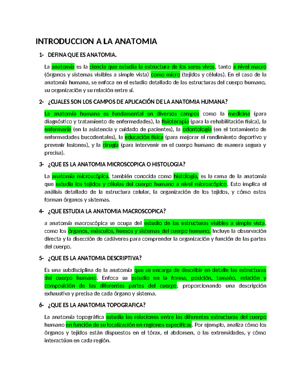 Introduccion a la Anatomia - INTRODUCCION A LA ANATOMIA 1- DEFINA QUE ...