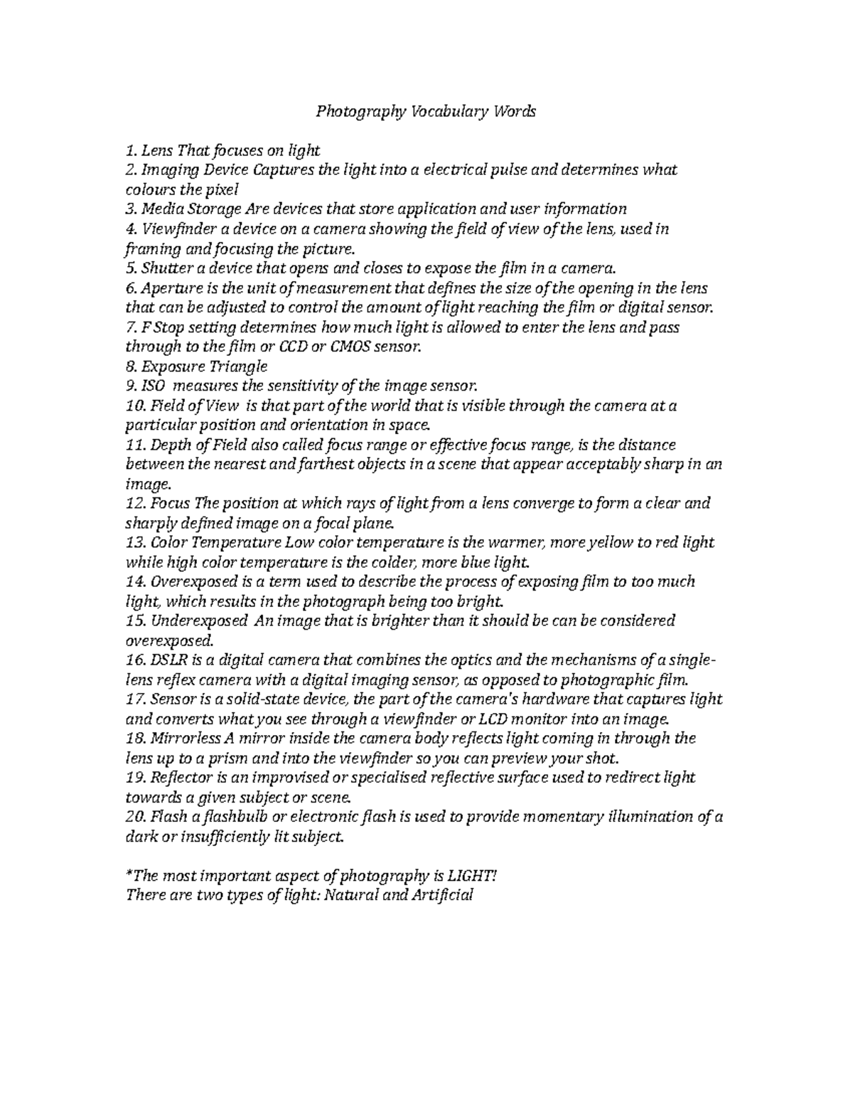 Photography Vocabulary Words updated 1-16-18 - Photography Vocabulary ...