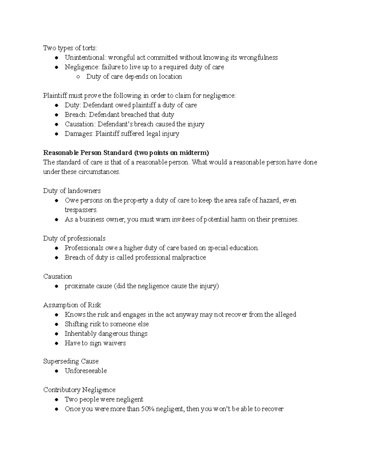 Chapter 6 Tort Law - Notes taken for professor Bienstock's class. He ...