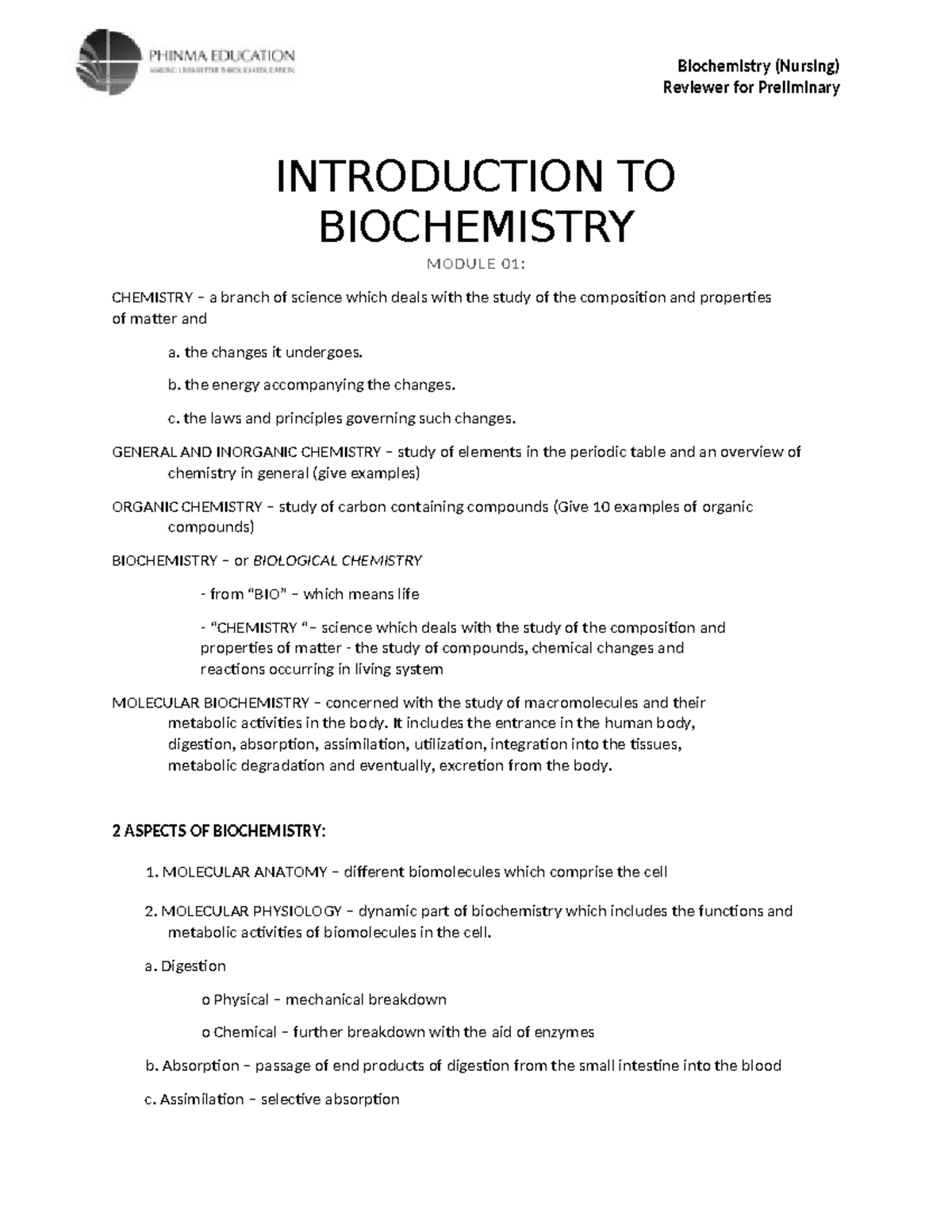 Introduction TO Biochemistry - Reviewer for Preliminary INTRODUCTION TO ...