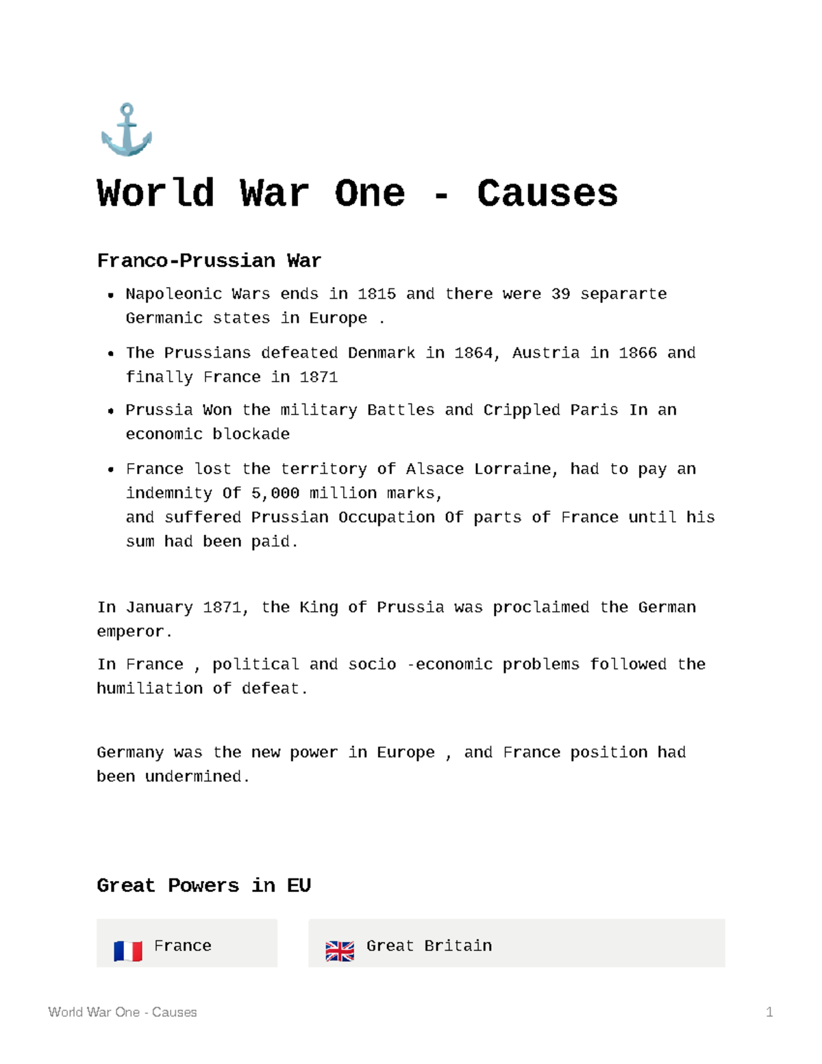 A1 History Notes 2022 - ⚓ World War One - Causes Franco-Prussian War ...
