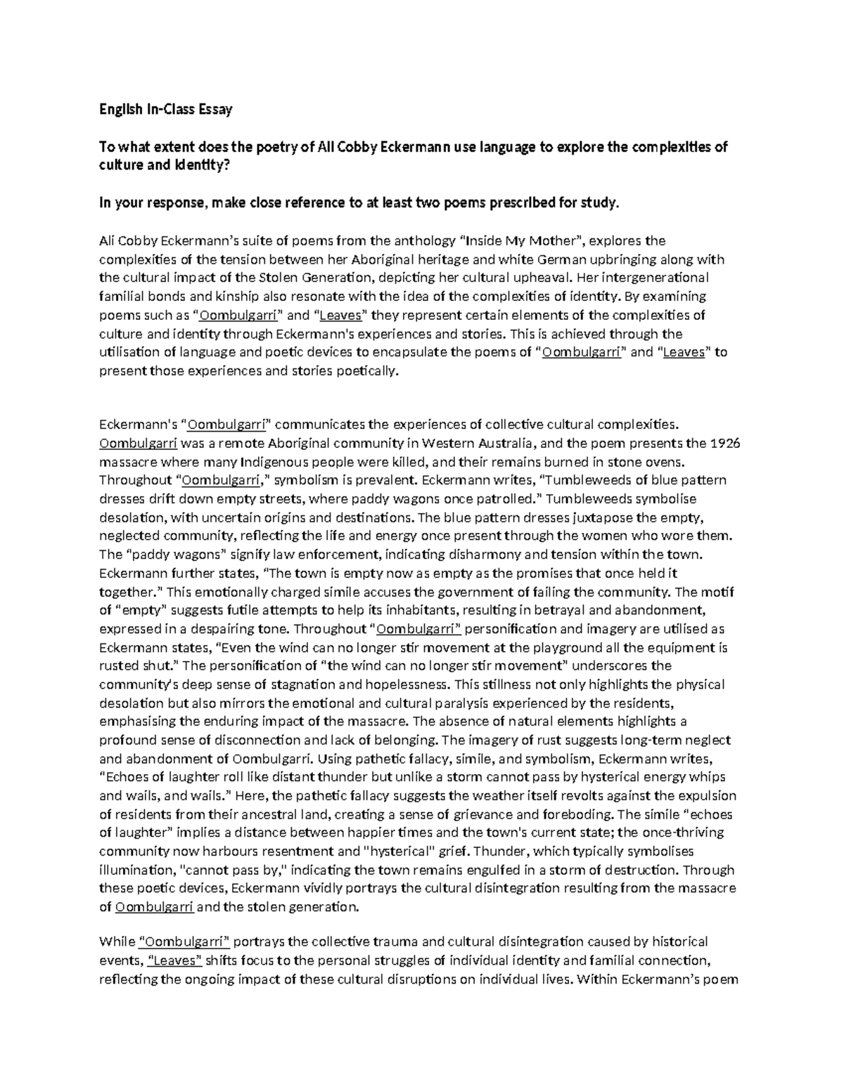 English In-Class Essay - Eckermann - English In-Class Essay To what ...