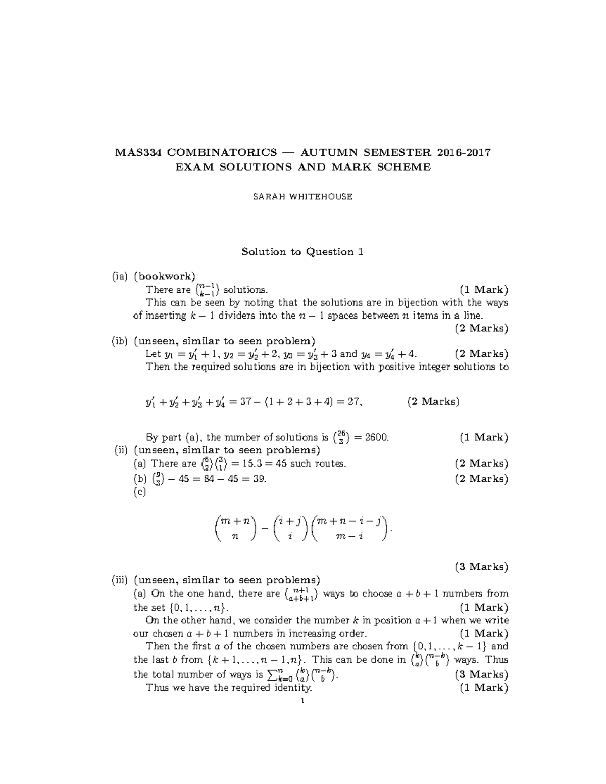 MAS334 Combinatorics — Autumn Semester - MAS334 COMBINATORICS — AUTUMN SEMESTER 2016- EXAM ...