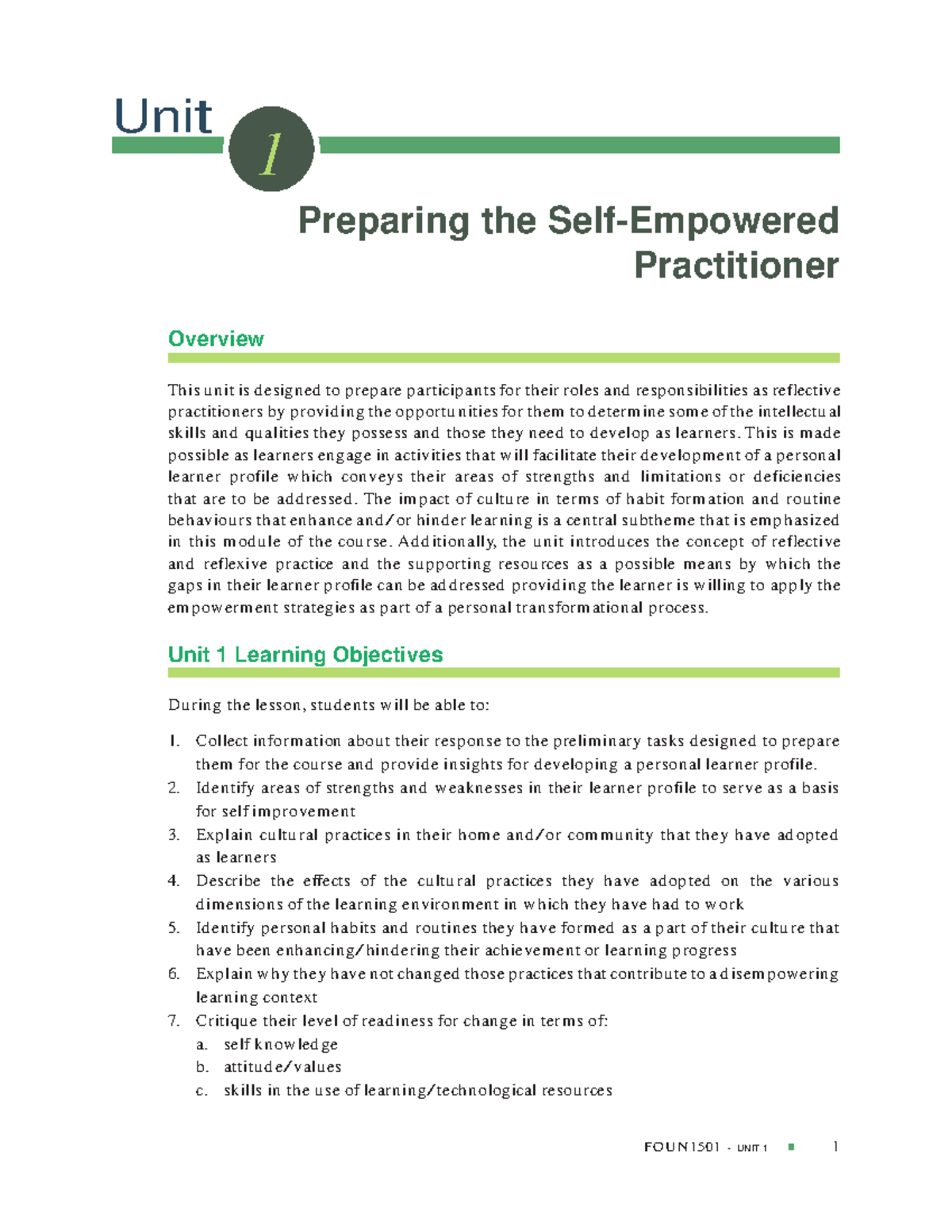 FOUN1501 Unit 1.week 2 - Foundation 1501 Unit 1 week 2 - U n i t 1 ...