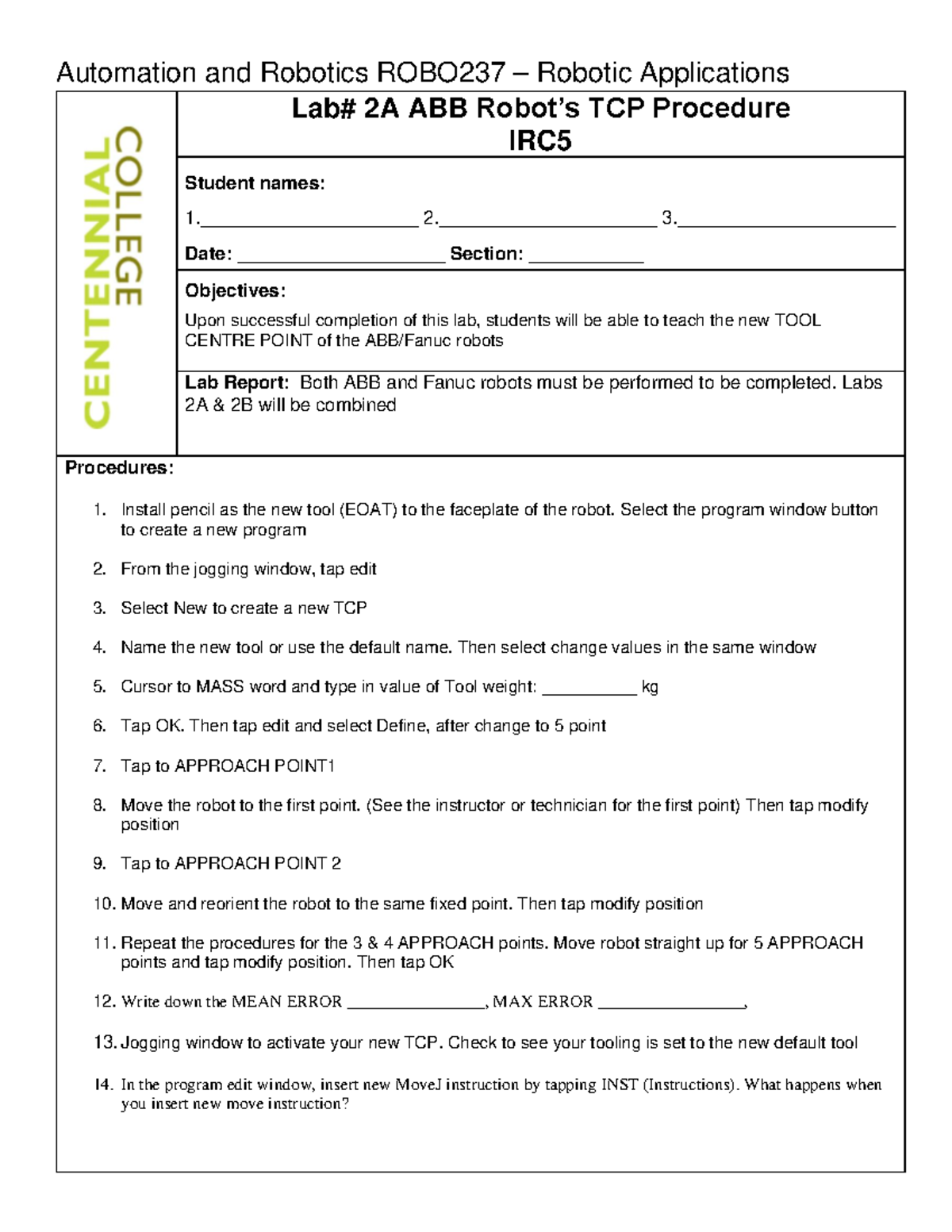 ROBO237-Lab2A- Abbirc 5 TCP - Automation and Robotics ROBO237 – Robotic ...