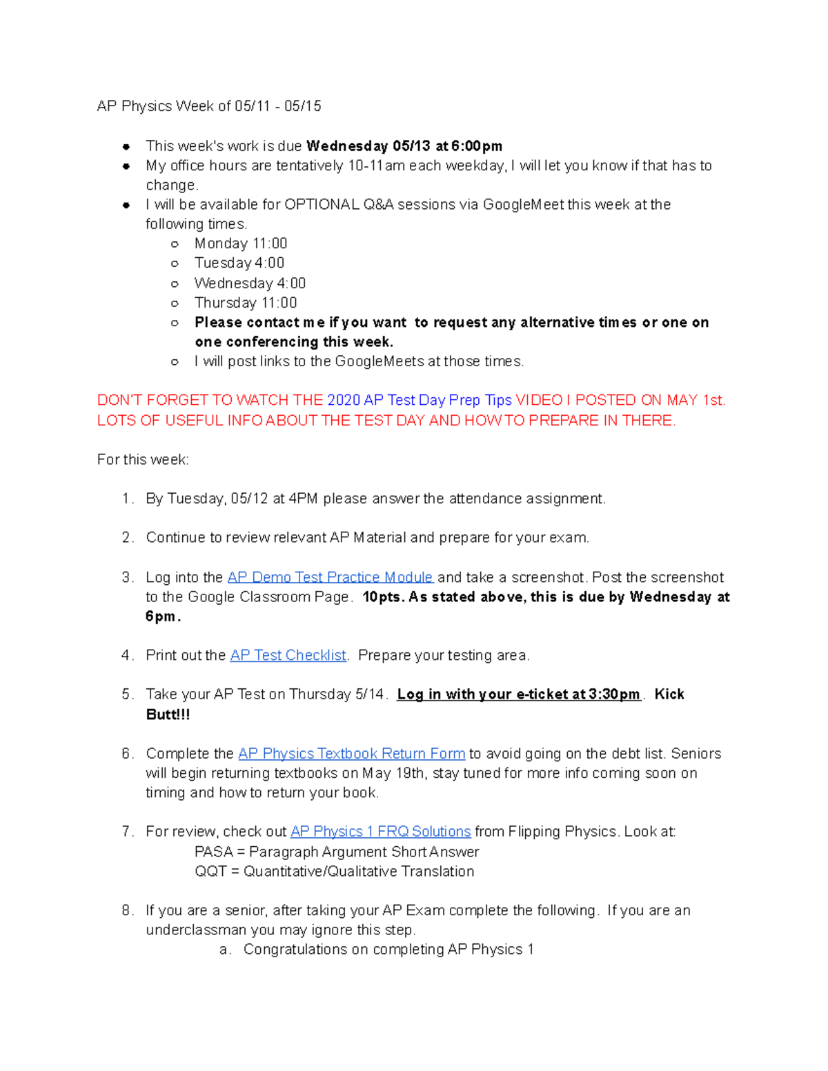 AP Physics 1 05 11 - AP Physics Week of 05/11 - 05/ This week's work is ...