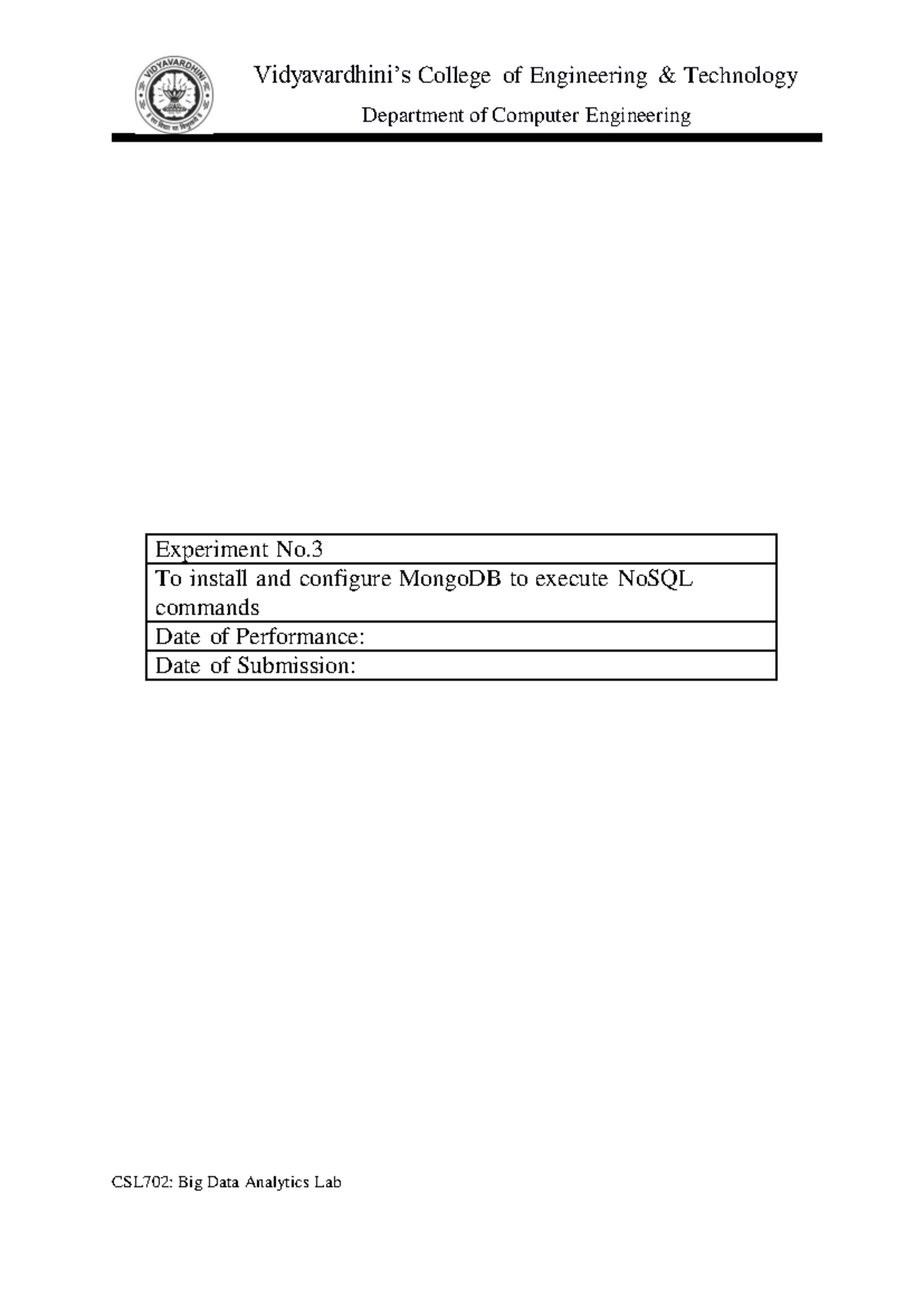 BDA prac 3 - BDA prac - Department of Computer Engineering Experiment No. To install and ...