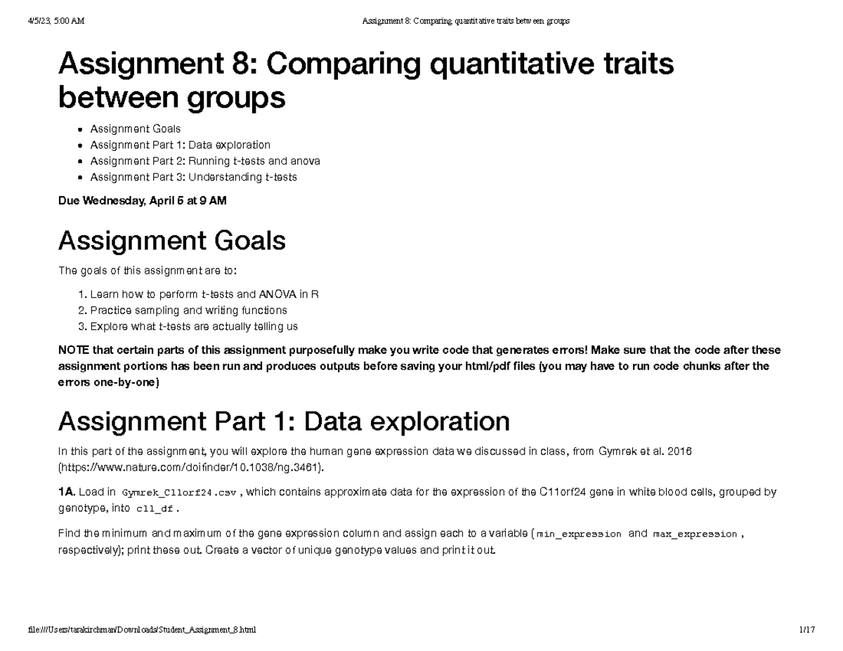 Assignment 8 Comparing quantitative traits between groups - Assignment 8: Comparing quantitative ...