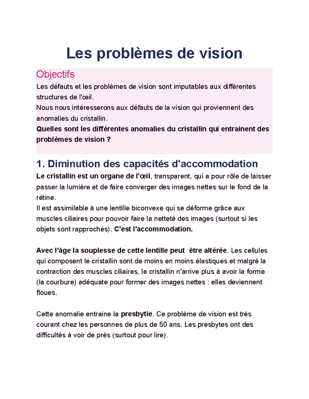 Les problèmes de vision - Nous nous intéresserons aux défauts de la ...