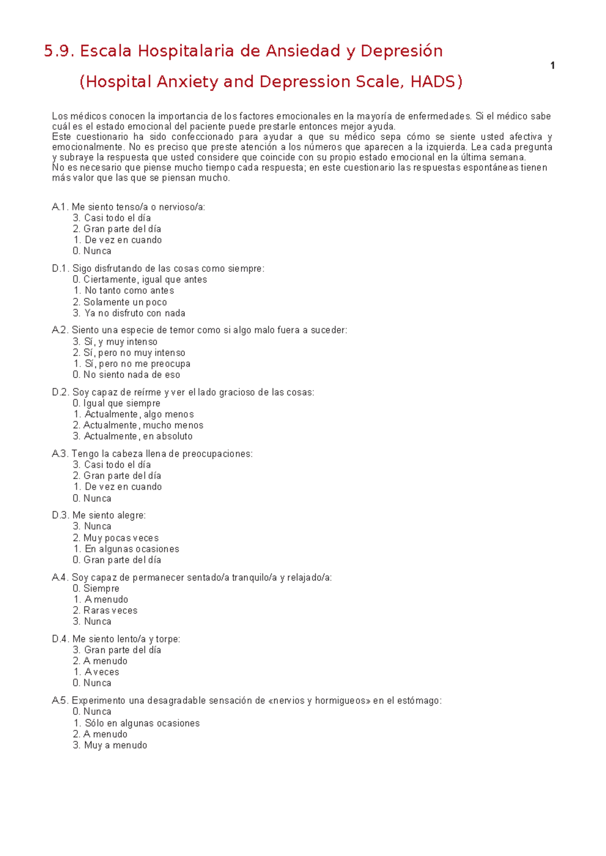 Escala Hospitalaria de Ansiedad y Depresion - 5. Escala Hospitalaria de ...