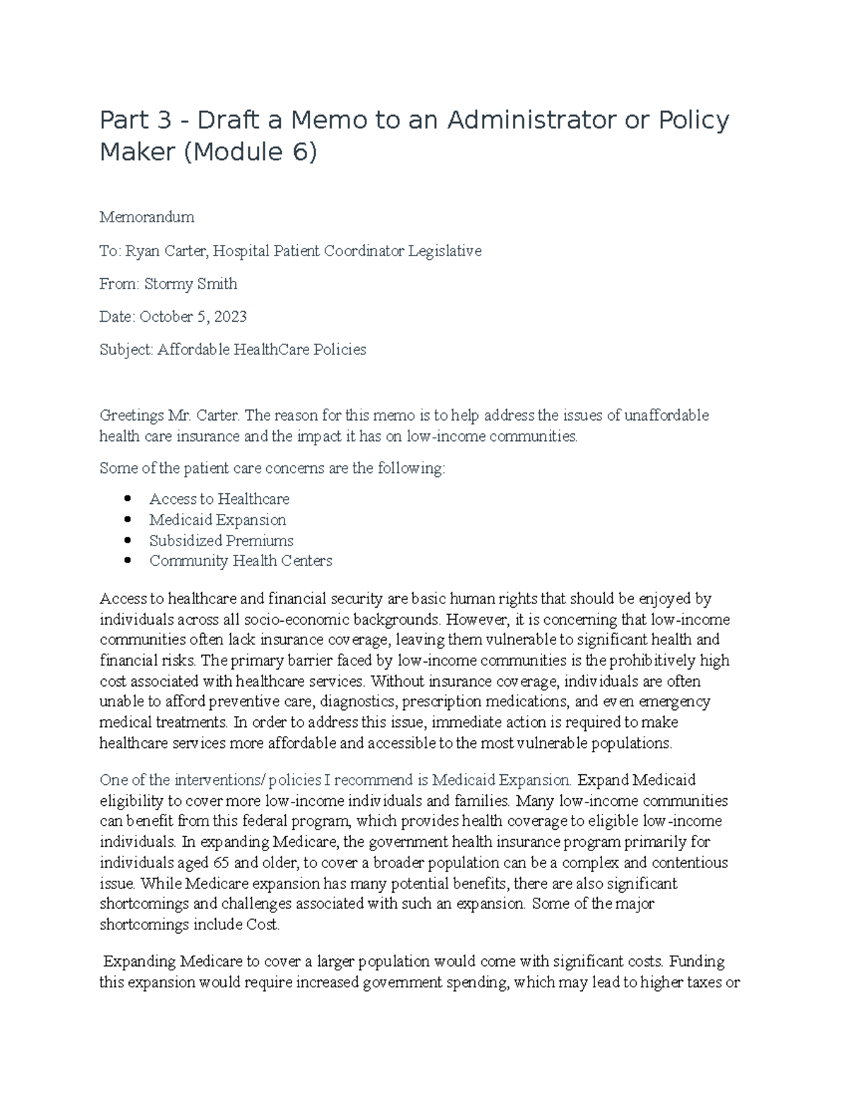 Health policy Part 3 (2) - Part 3 - Draft a Memo to an Administrator or ...