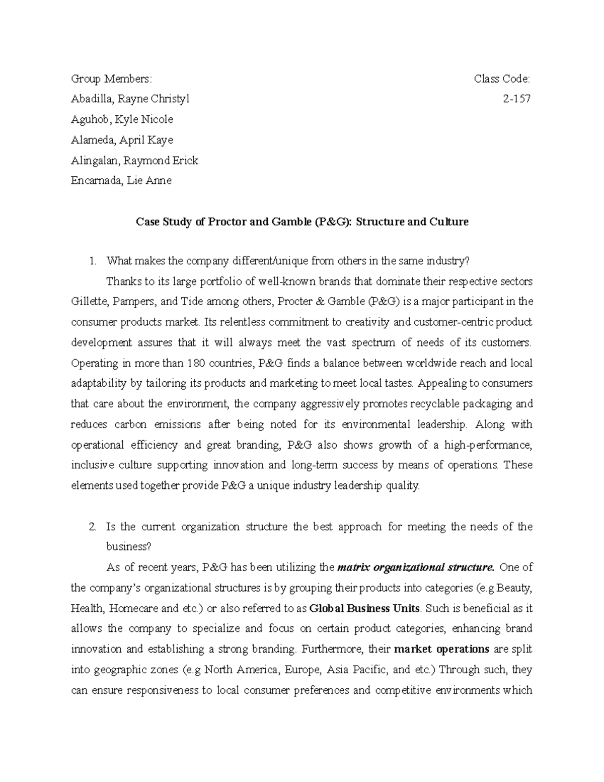 HBO- Case Study (P&G) - Group Members: Class Code: Abadilla, Rayne ...