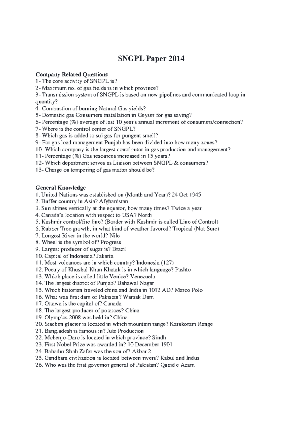 Sngpl Test 2014 - SNGPL Paper 2014 Company Related Questions 1- The ...