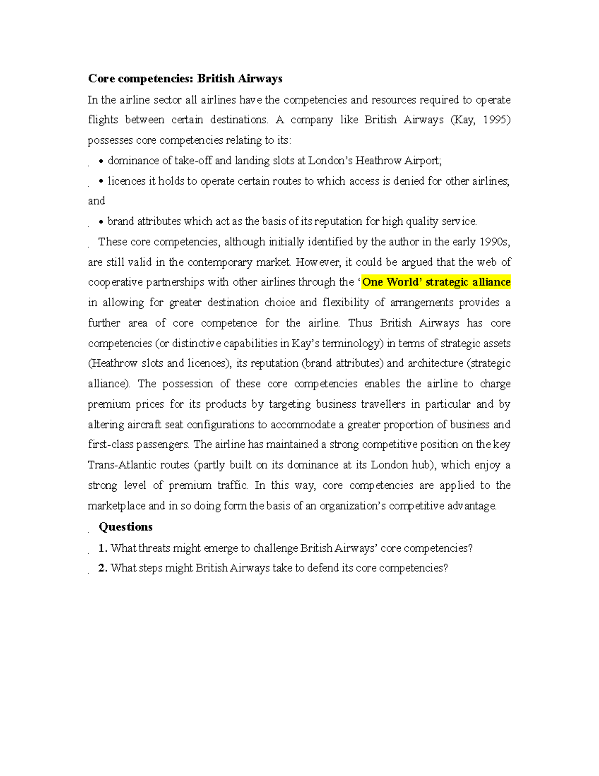 Case Bristish Airway Core competencies Handout - Core competencies ...