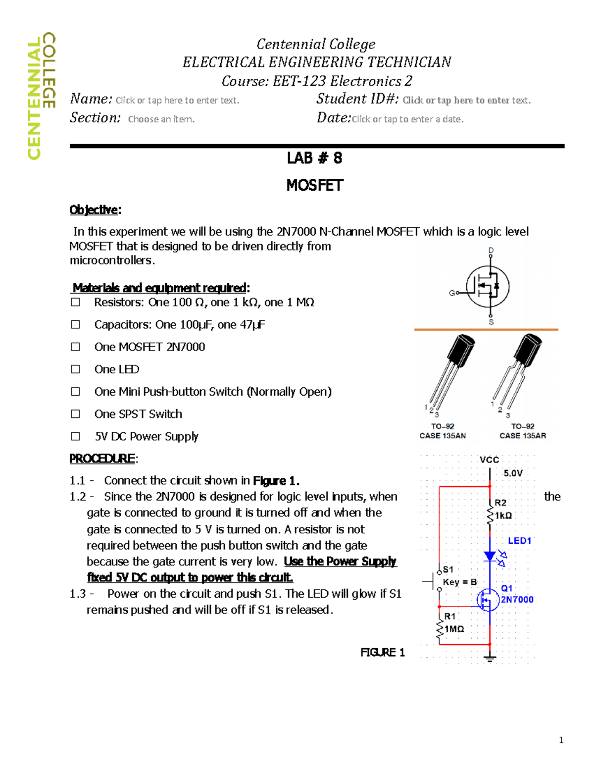 EET123 LAB 8- Mosfet- F21- Rev1.0 - Centennial College ELECTRICAL ...