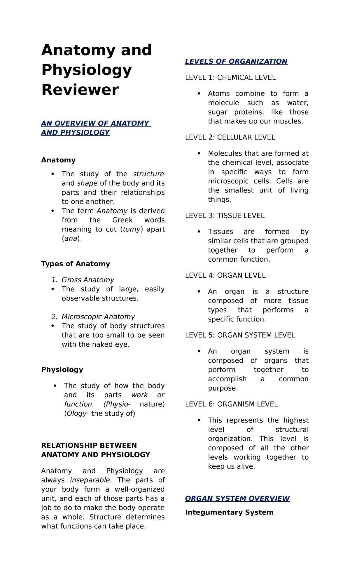 ANAPHY LECTURE - Anatomy and Physiology Reviewer AN OVERVIEW OF ANATOMY ...