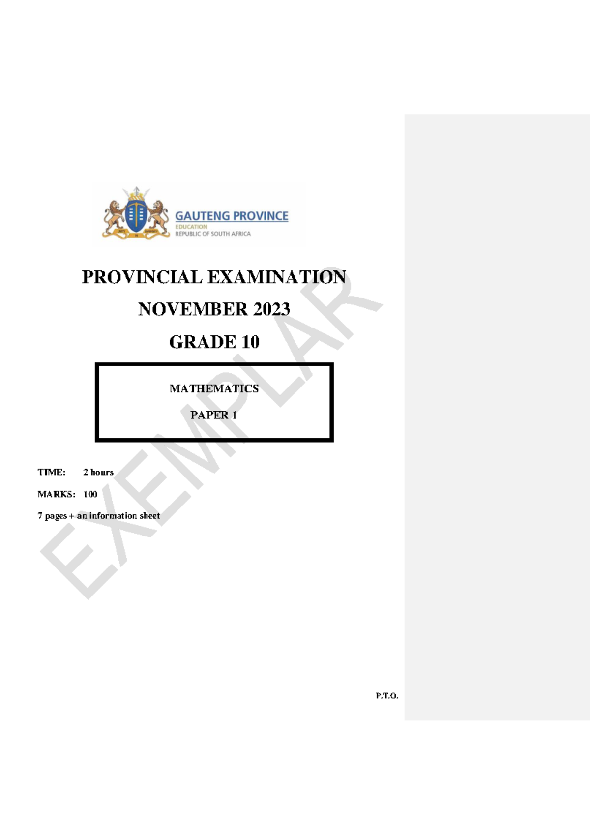 2023 GP Grade 10 Math P1 Nov QP - (Paper 2) 10612/ 1 PROVINCIAL EXAMINATION NOVEMBER 2023 GRADE ...