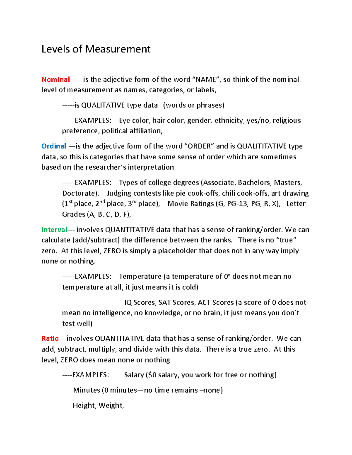Levels of Measurement - lecture notes - Levels of Measurement Nominal ...