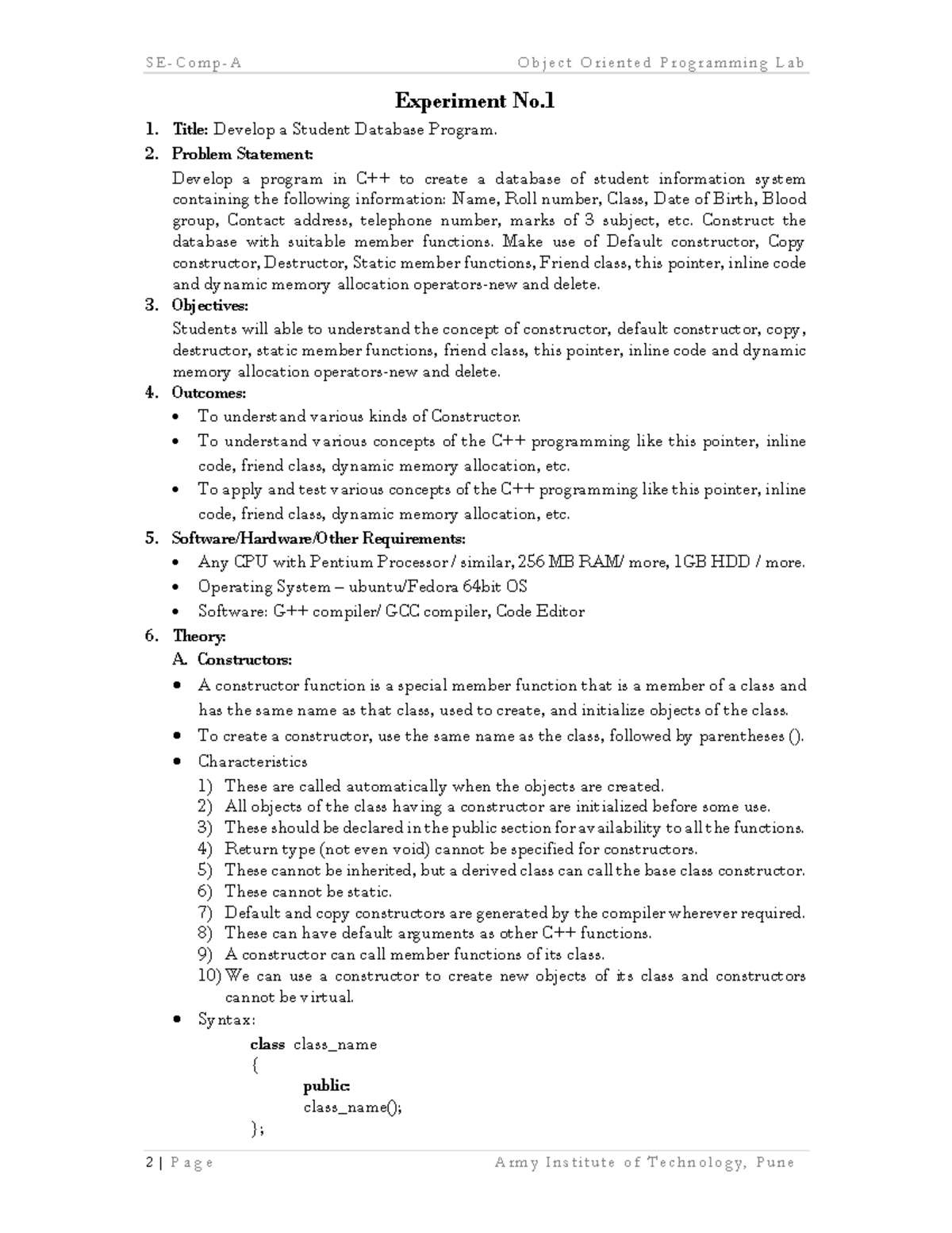 Exp1 - Nothimng - Experiment No. 1. Title: Develop a Student Database Program. 2. Problem ...