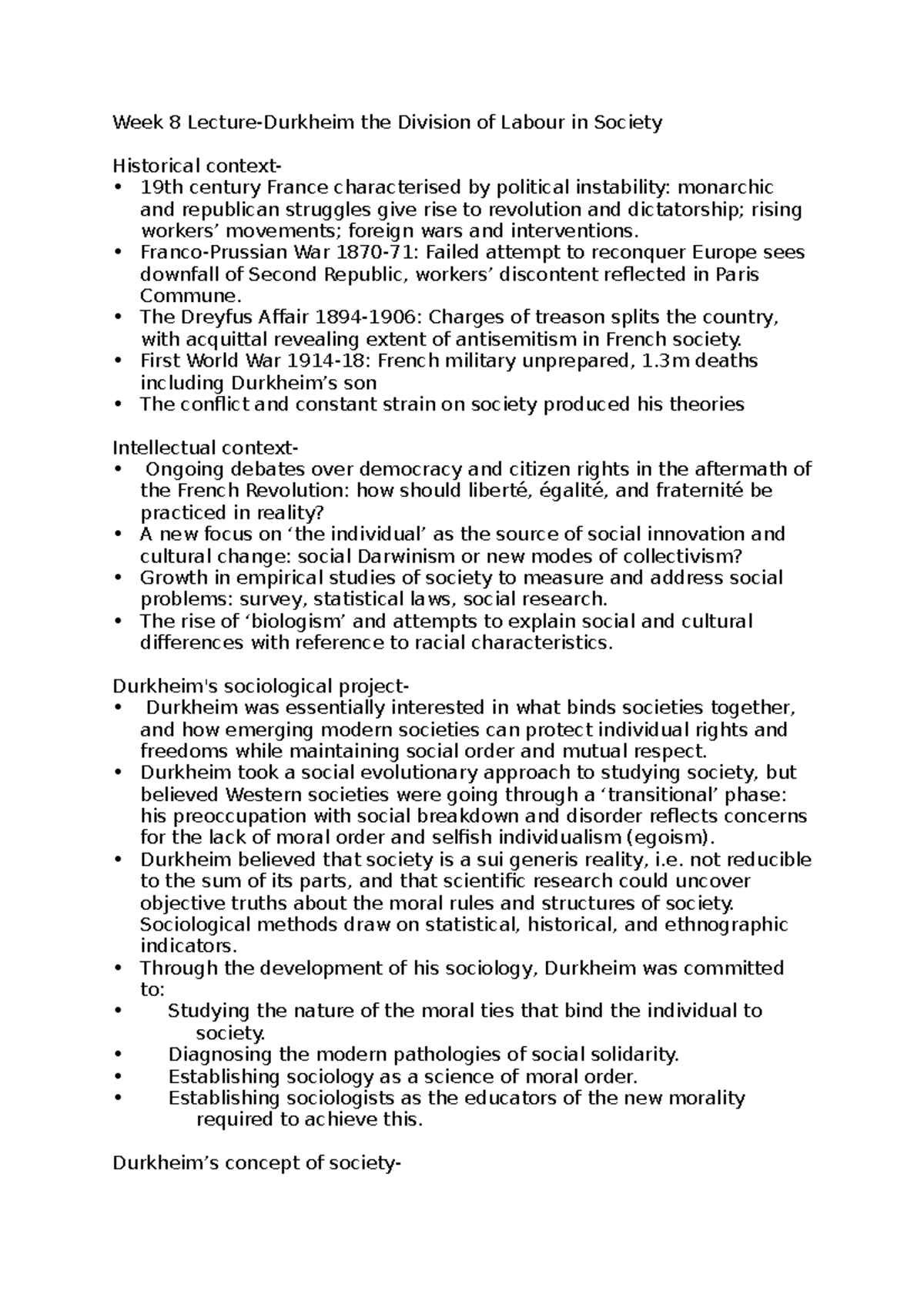 Durkhiem - Lecture notes - Week 8 Lecture-Durkheim the Division of ...
