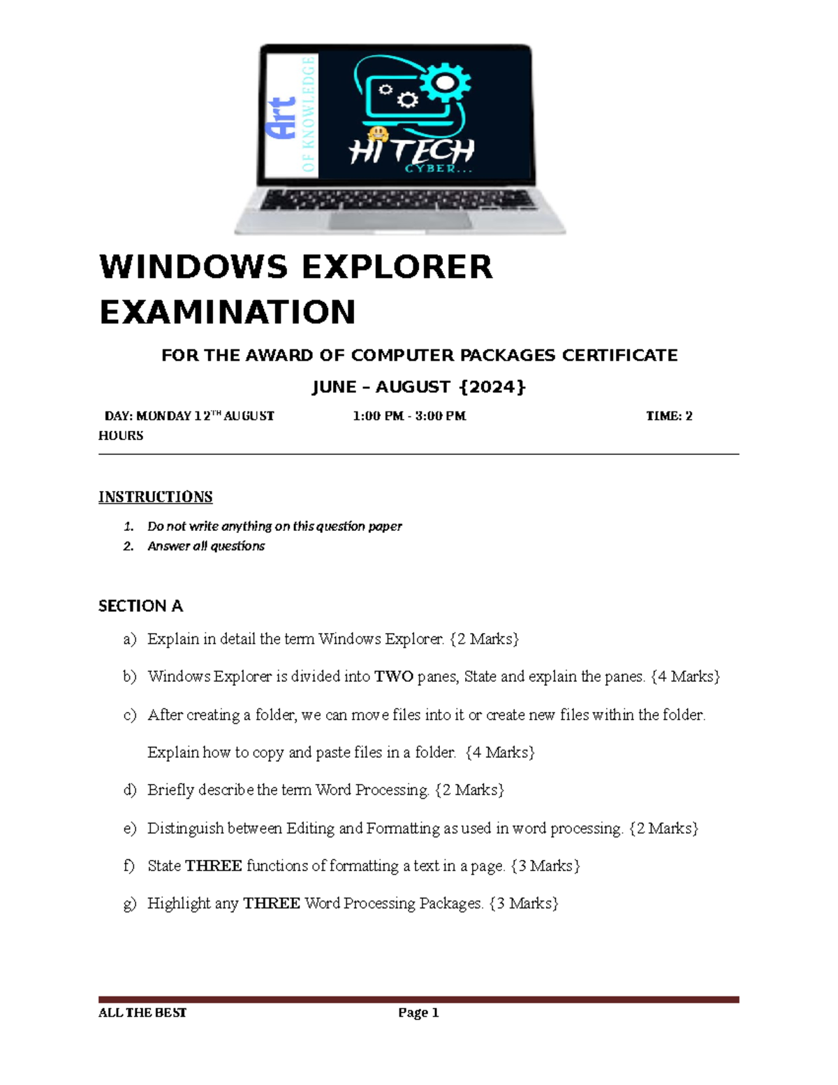 EXAM3 Windows Explorer 2024 - WINDOWS EXPLORER EXAMINATION FOR THE ...