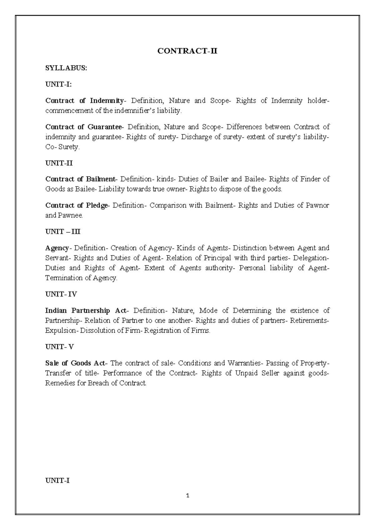 UNIT-I Notes - CONTRACT-II SYLLABUS: UNIT-I: Contract of Indemnity ...