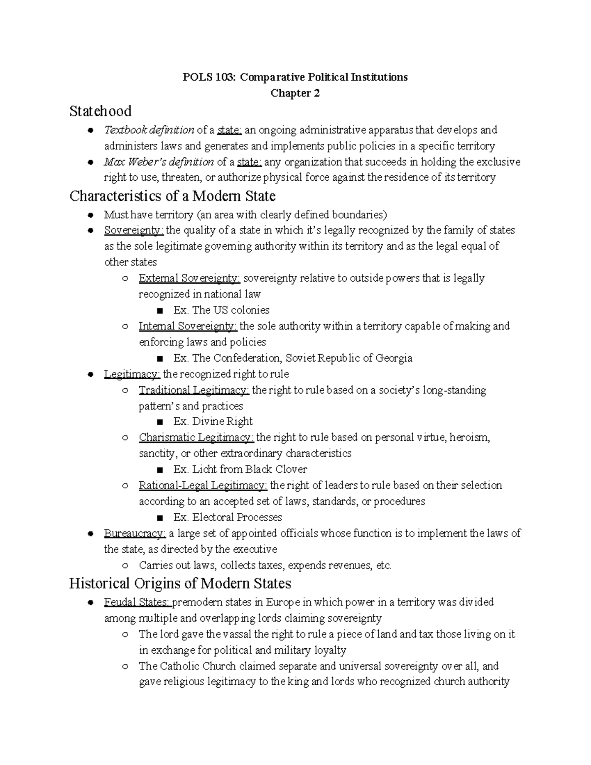 POLS 103 Ch.2 Notes - POLS 103: Comparative Political Institutions ...