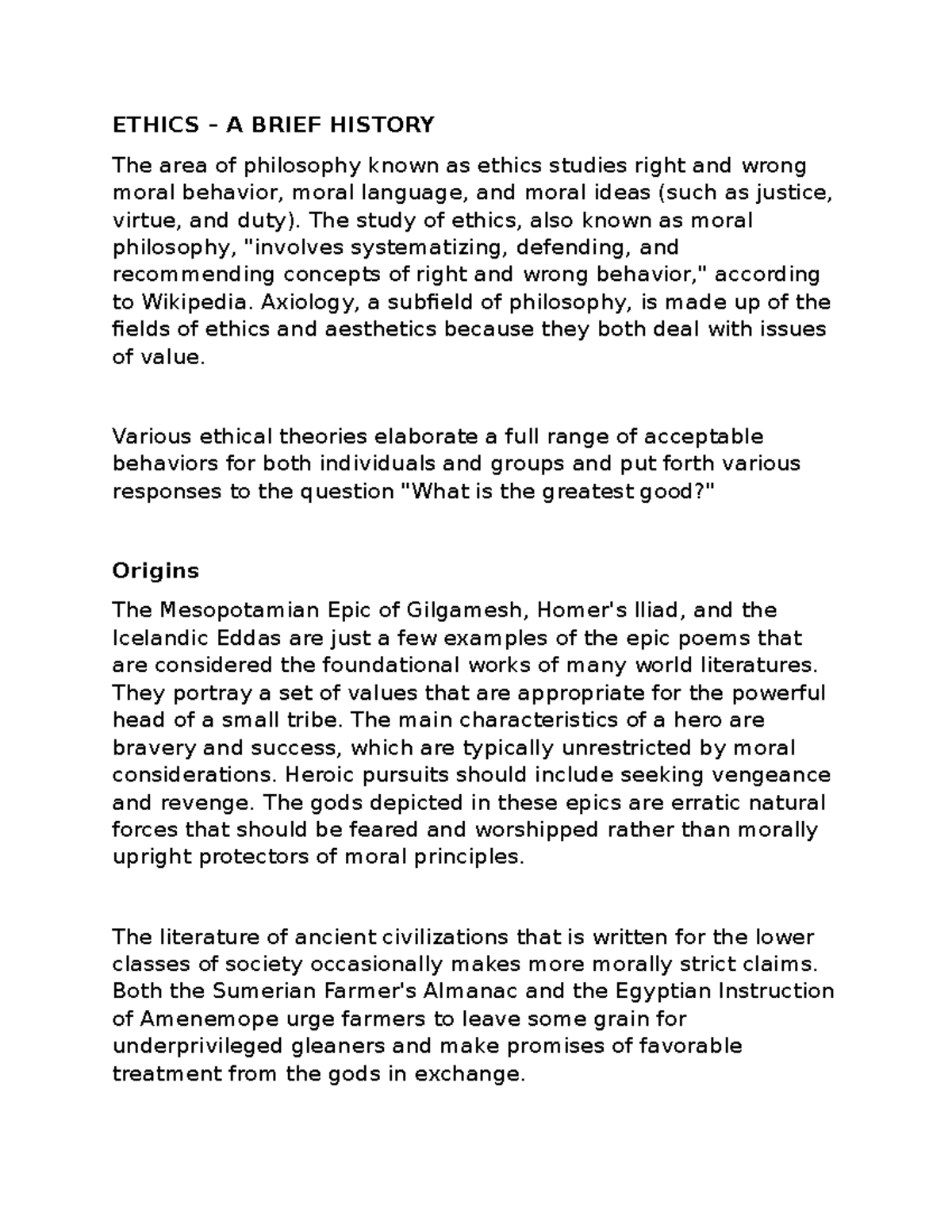 Ethics-A Brief History - ETHICS – A BRIEF HISTORY The area of ...