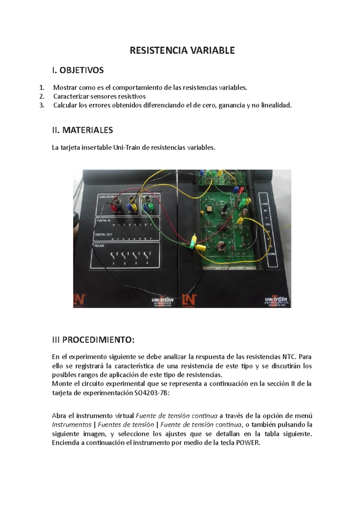 Resistencia Variable final 6 - RESISTENCIA VARIABLE I. OBJETIVOS 1 ...