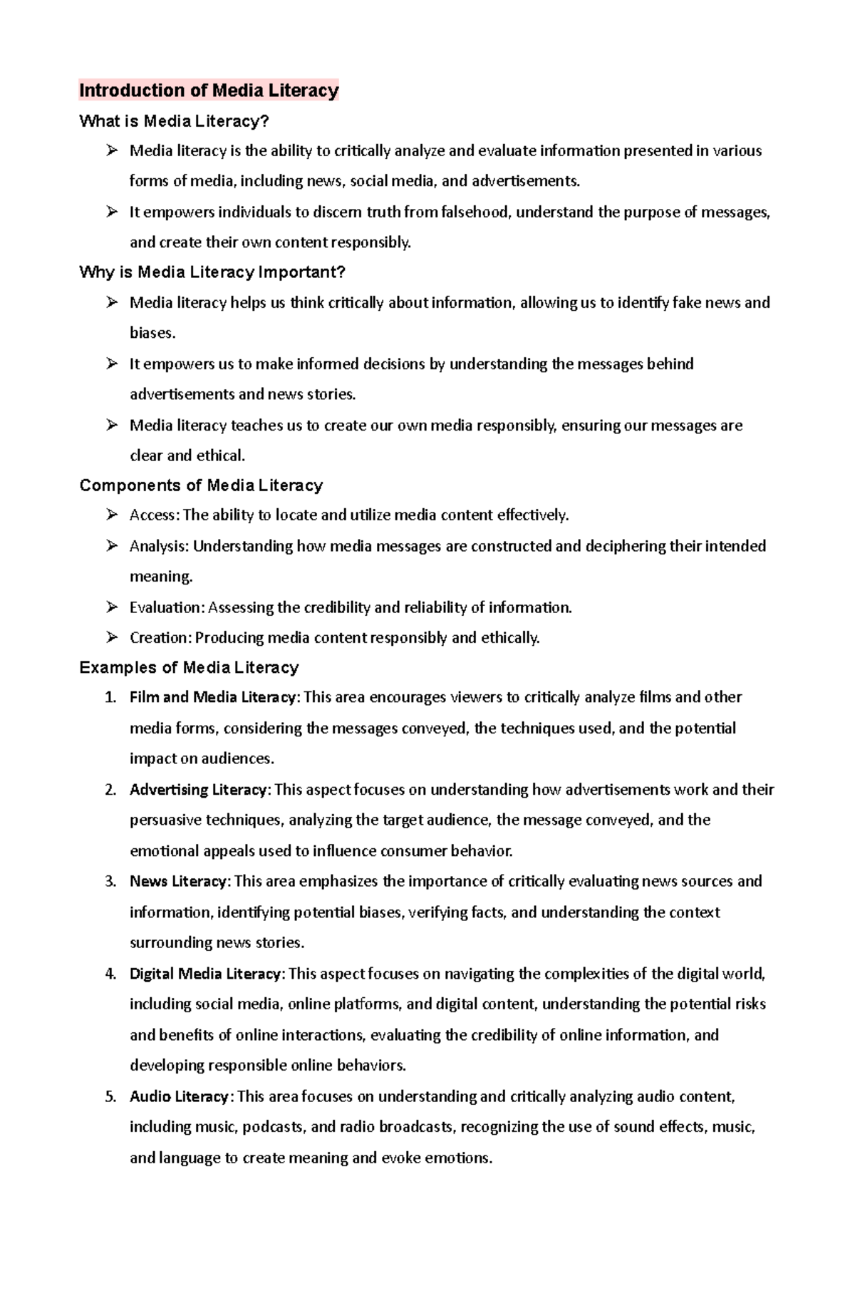 MEDIA LITERACY Reviewer - Introduction of Media Literacy What is Media ...