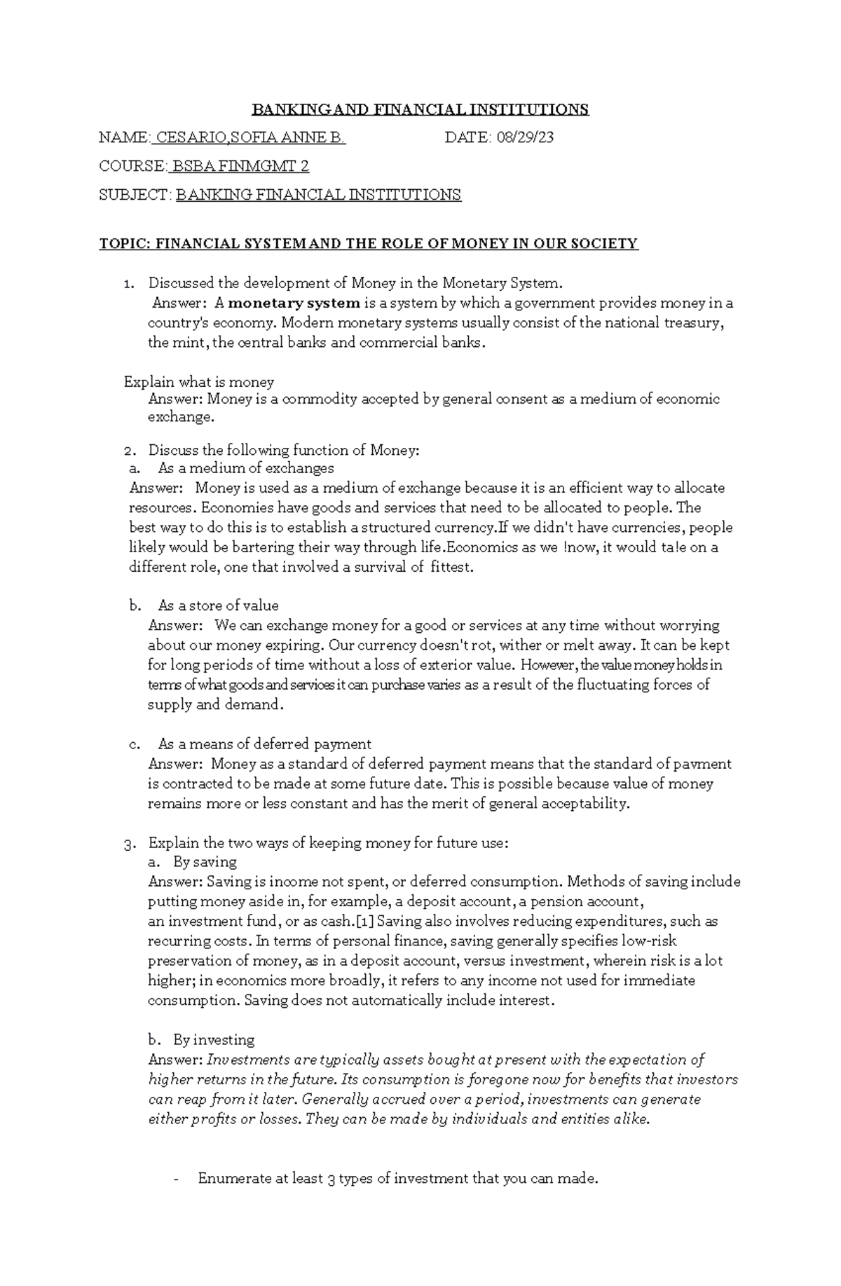 Activity 1- Banking AND Financial Institutions - BANKING AND FINANCIAL ...