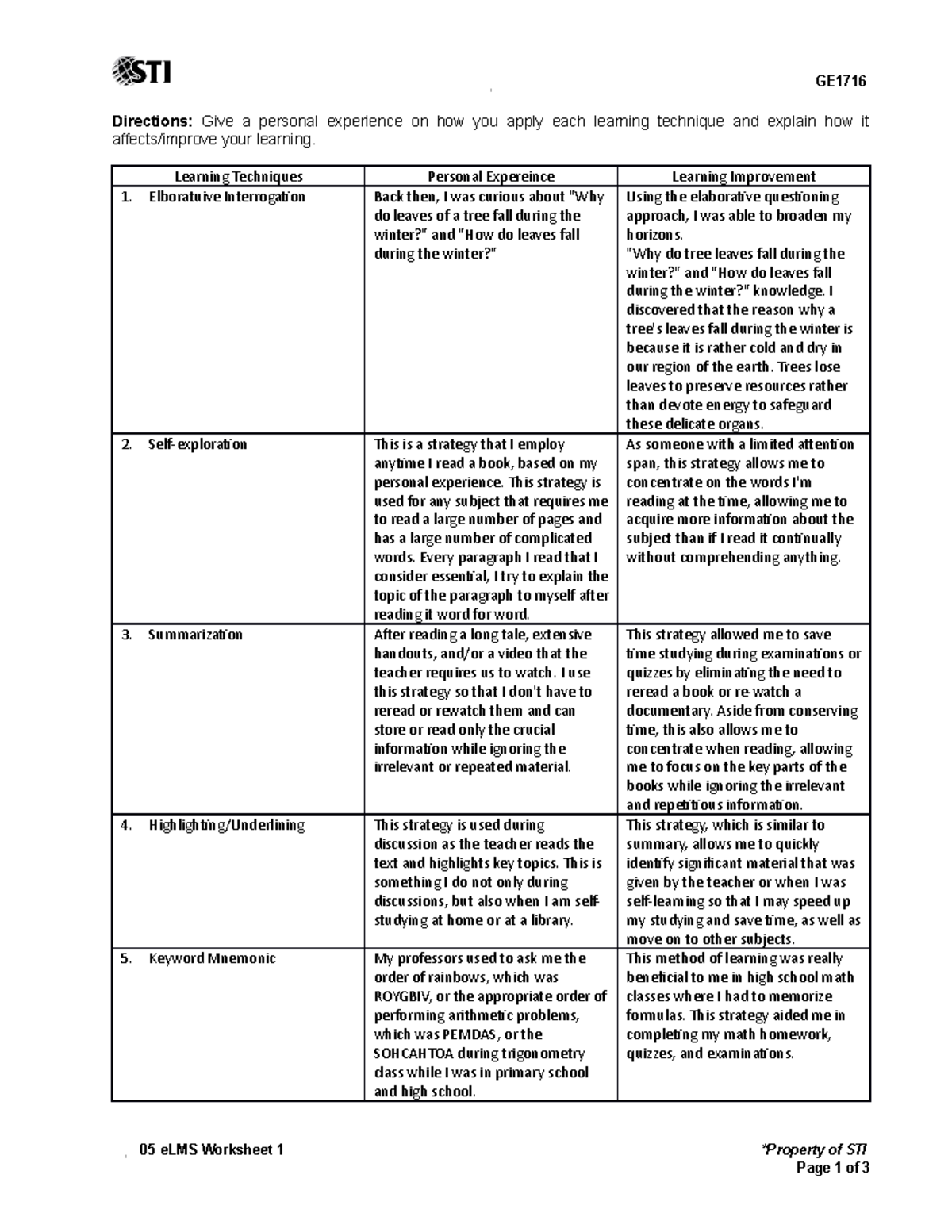 05 e LMS Worksheet 1 - hope wit helps - GE Directions: Give a personal ...